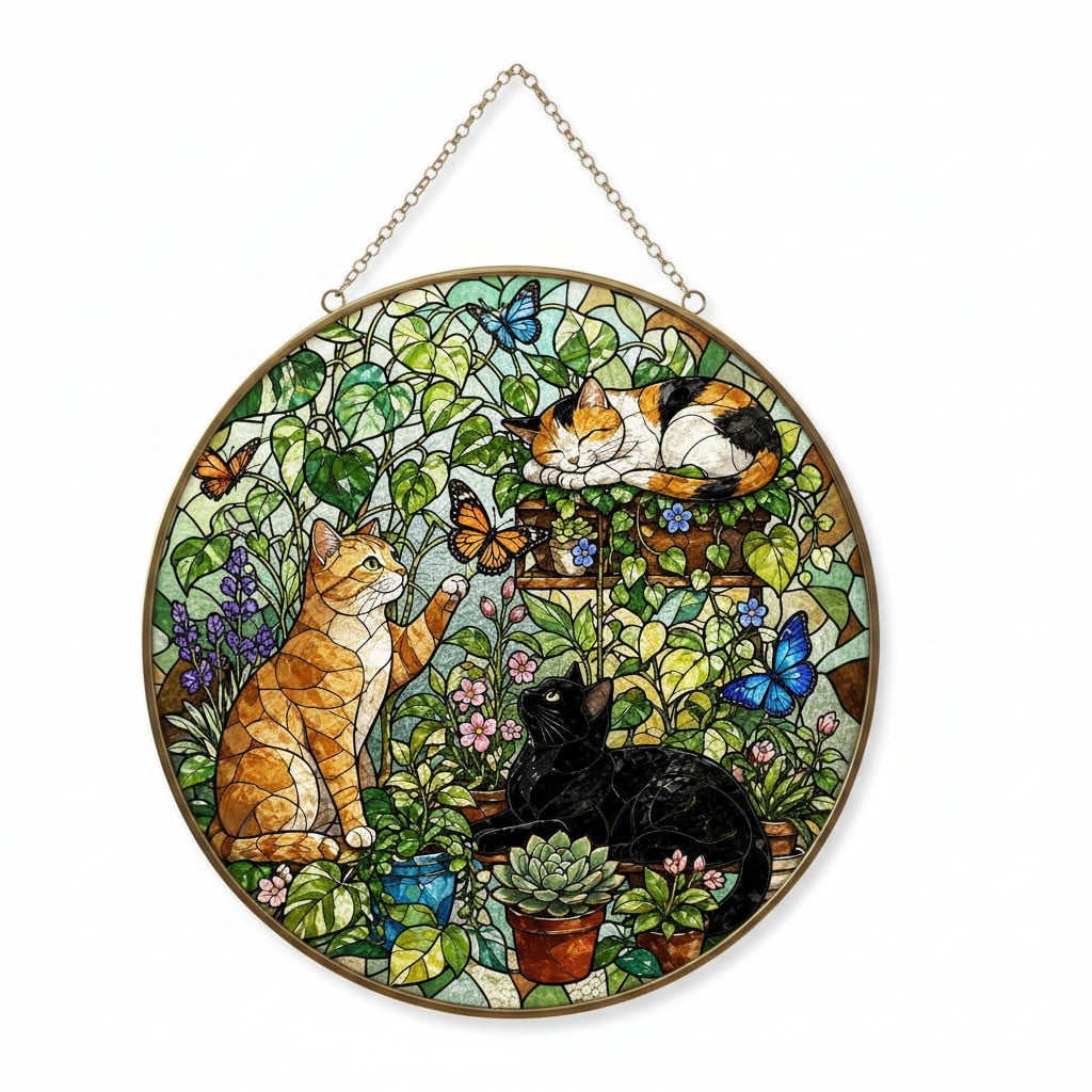 Cats in Garden Stained Glass Suncatcher, Round Window Hanging with ...