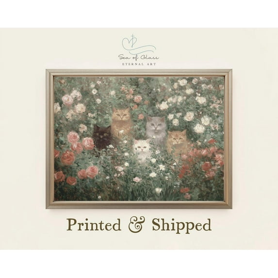 Cats in Rose Garden Art Poster Vintage Cottagecore Floral Wall Decor ...