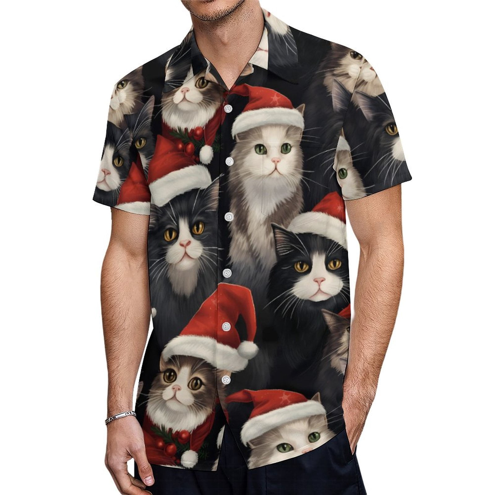 Cats in Santa Hats Mens Hawaiian Shirts Printed Casual Short Sleeve ...