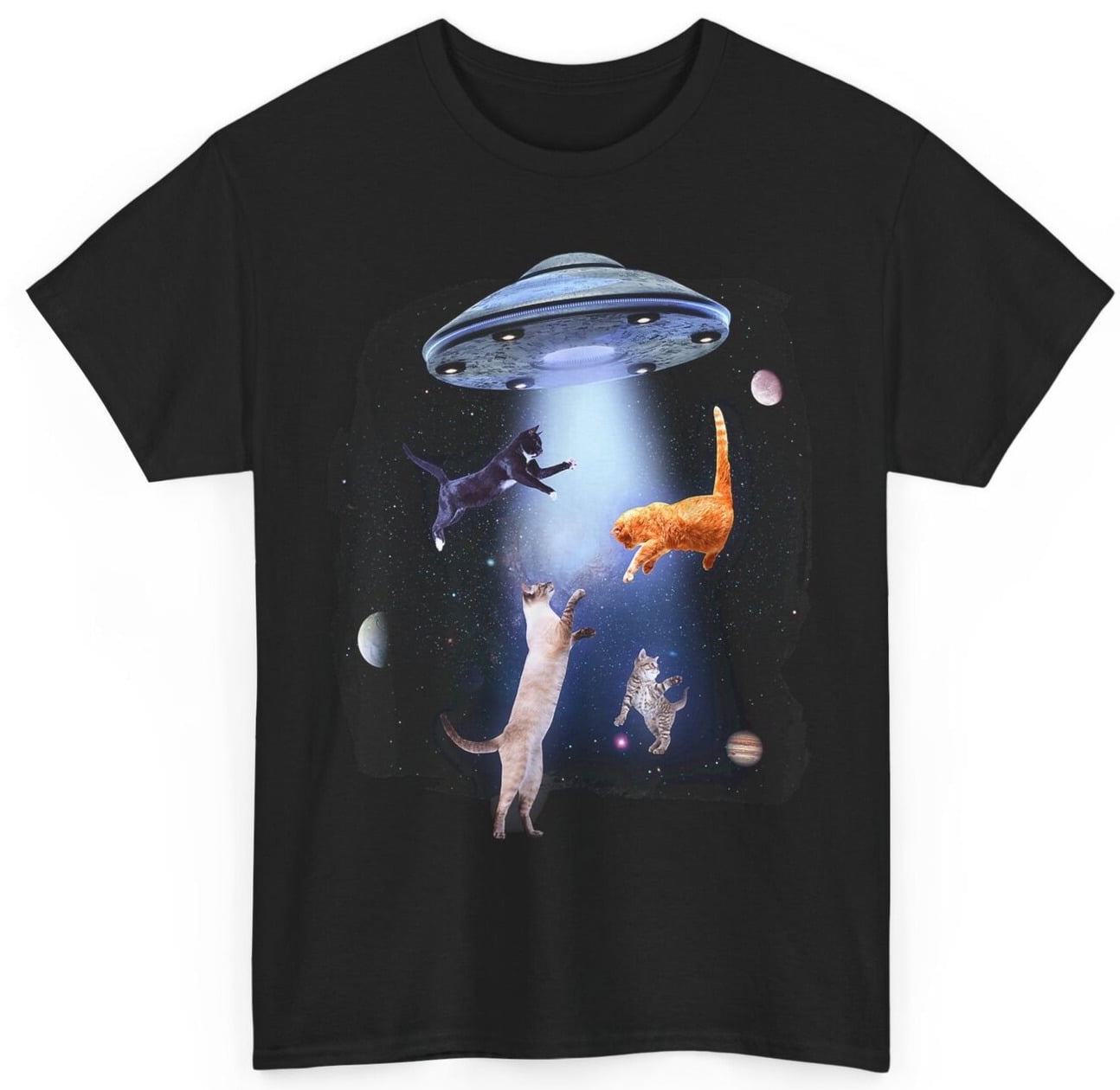 Cats in Space T-Shirt Alien Cat UFO Abduction Tee Unisex Heavy Cotton ...
