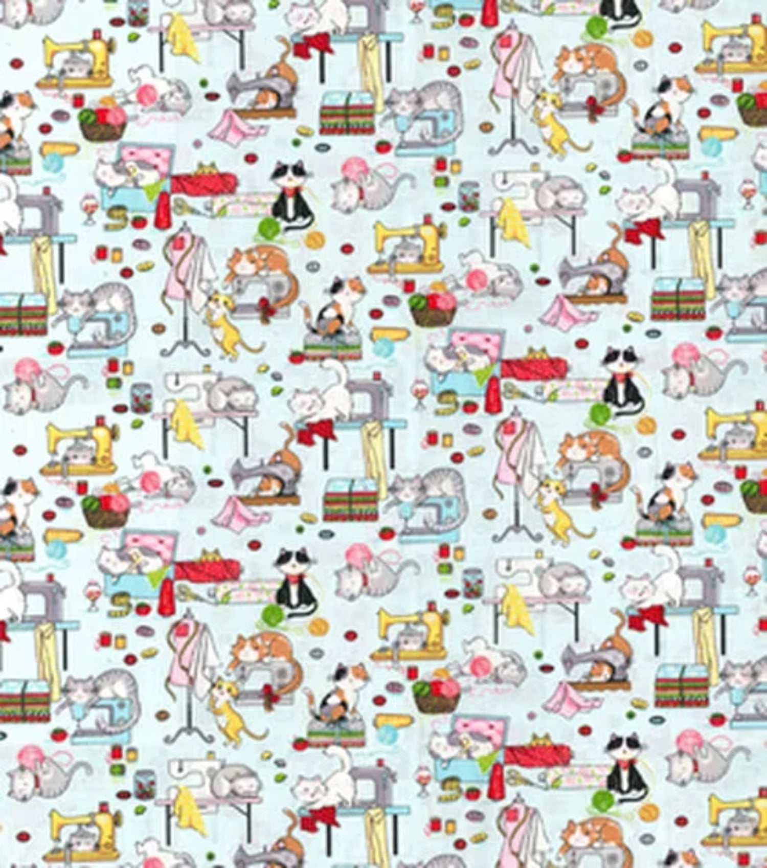 Cats on Sewing Machines on Blue Cotton Fabric - Walmart.com