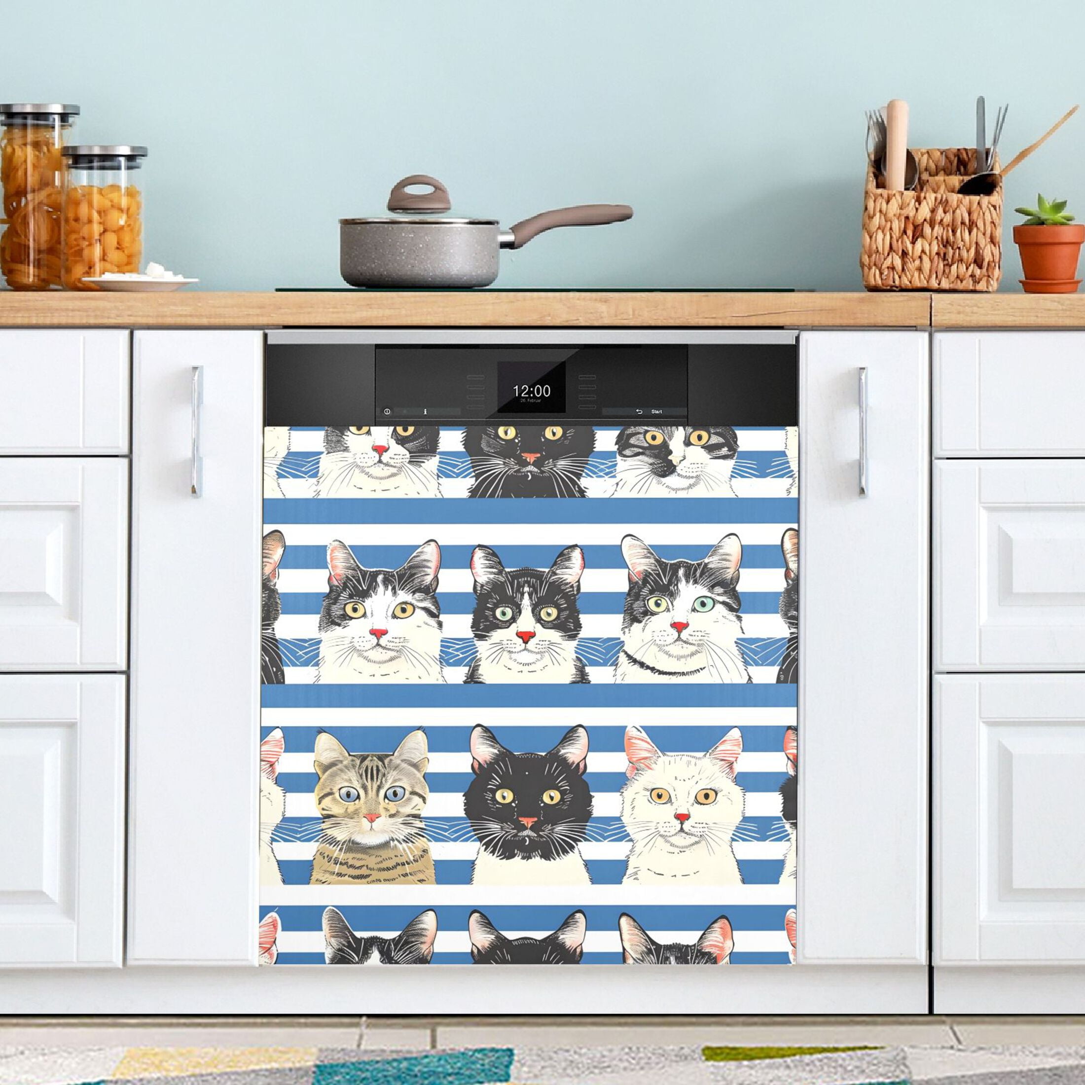 Cats with Blue White Striped Dishwasher Magnet Cover Magnetic Fridge ...