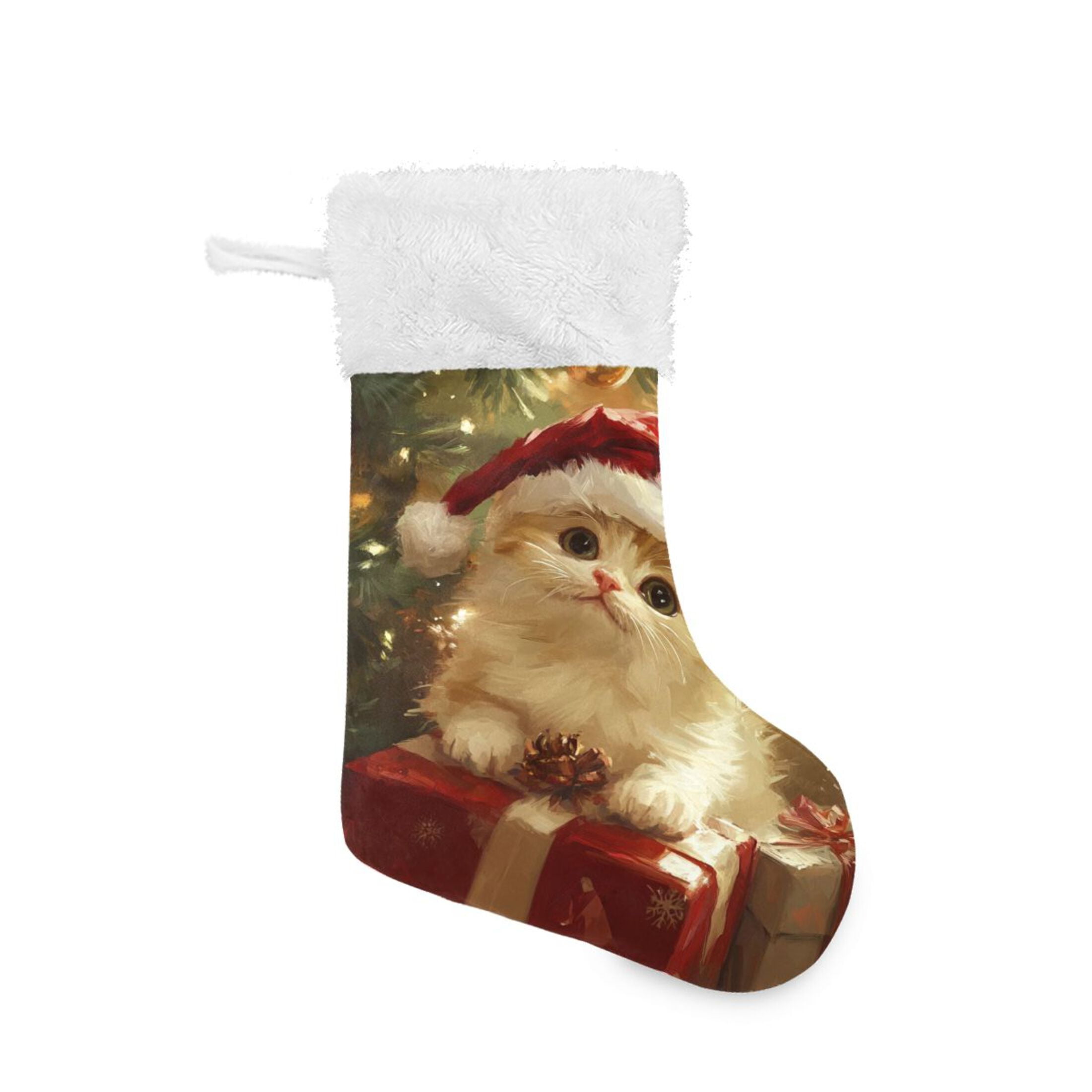 Cats with Christmas Hat Presents Tree Christmas Stocking Large Capacity ...