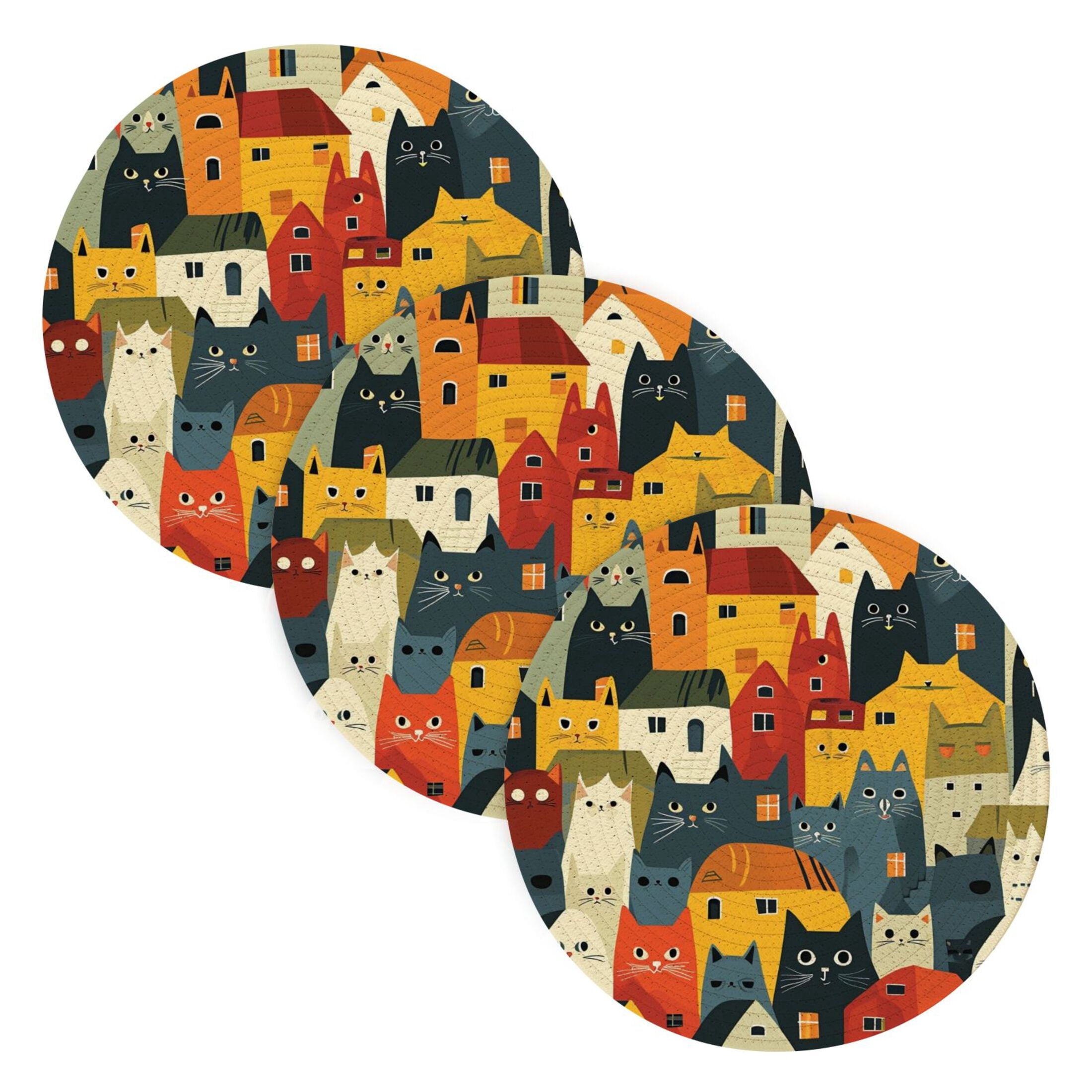 Cats with House 3 Pcs Pot Holders Trivets Set Woven Heat-Resistant ...