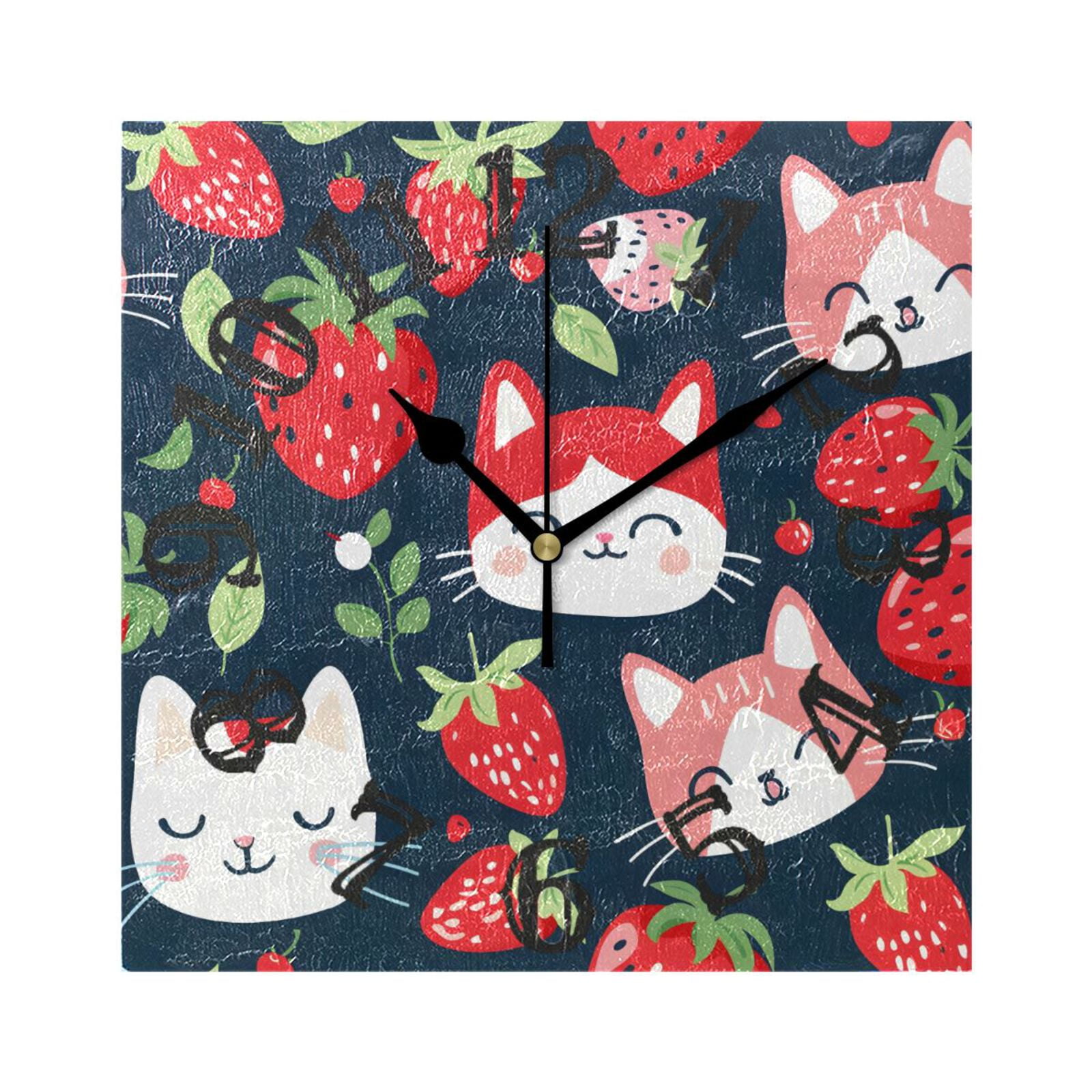 Cats with Strawberries Wall Clock Square Silent Non Ticking Battery ...