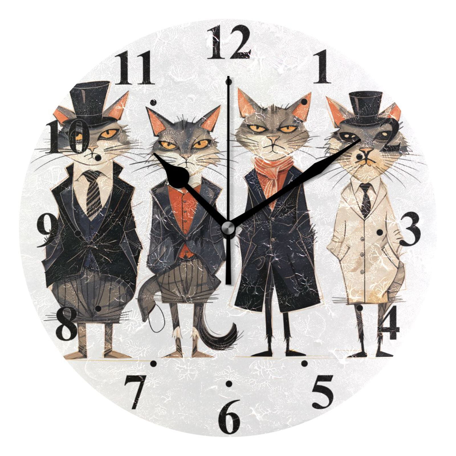 Cats with Suits Black 10 inch Wall Clocks Non Ticking Easy to Read ...