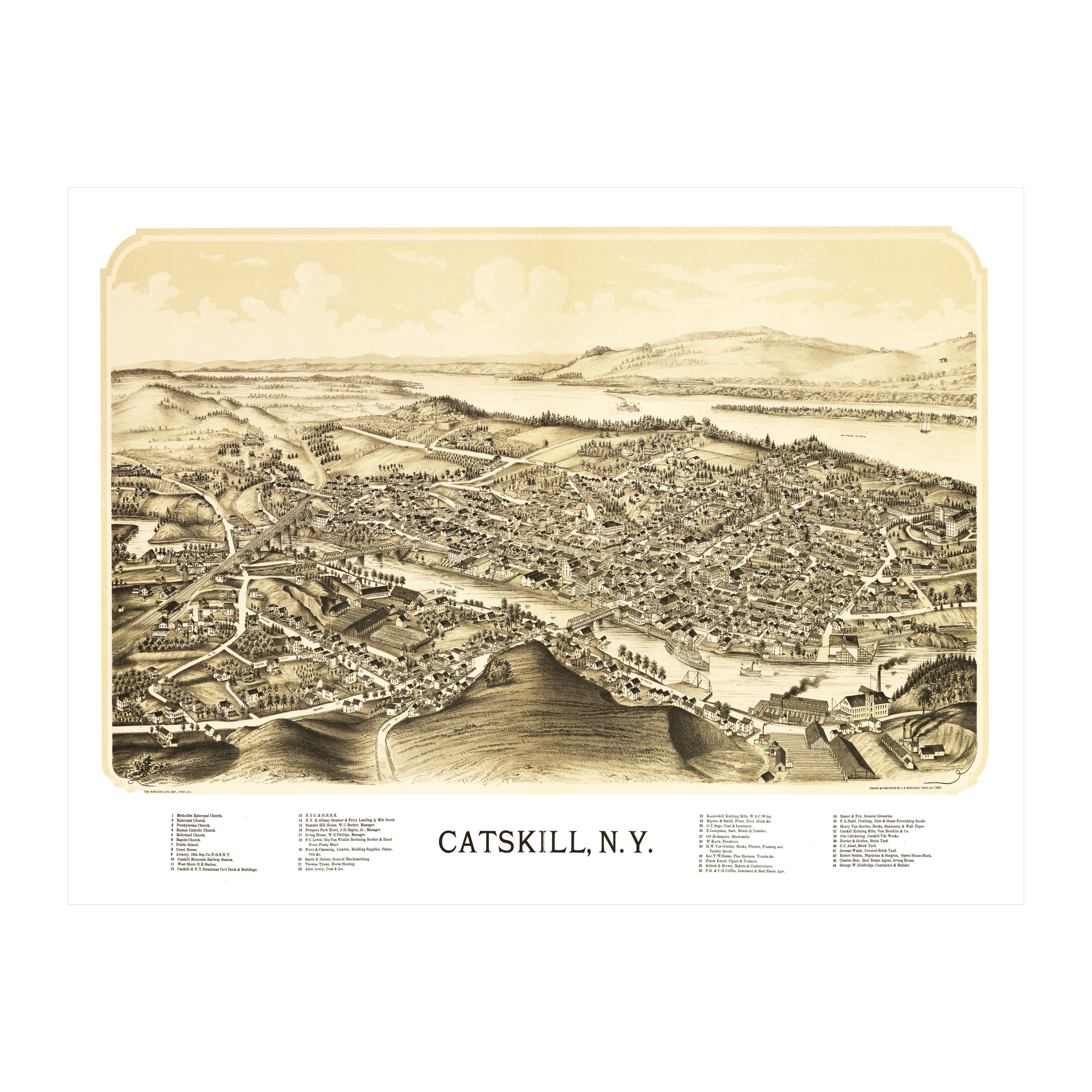 Catskill Art, 1889 Vintage Map of Catskill New York, NY History Wall ...