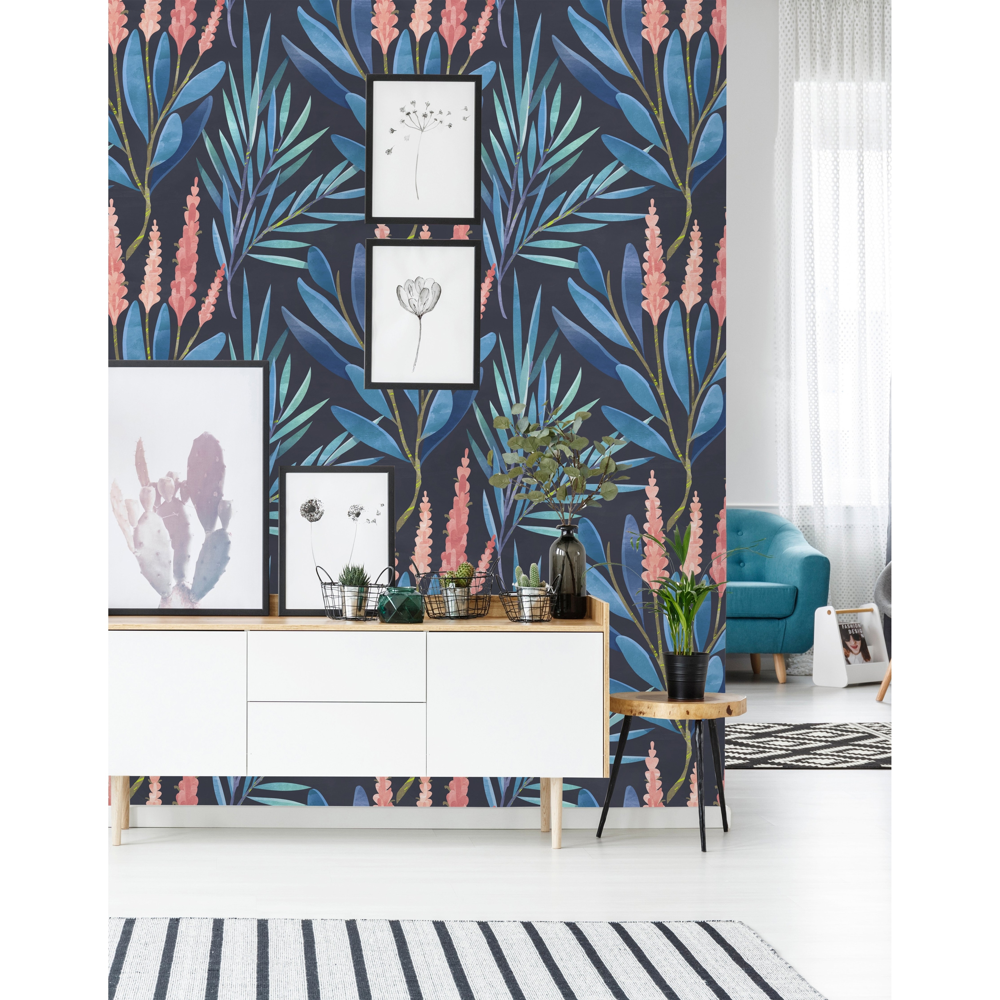 Cattails and Blue Leaves Wallpaper 25"W x 125"H - Walmart.com