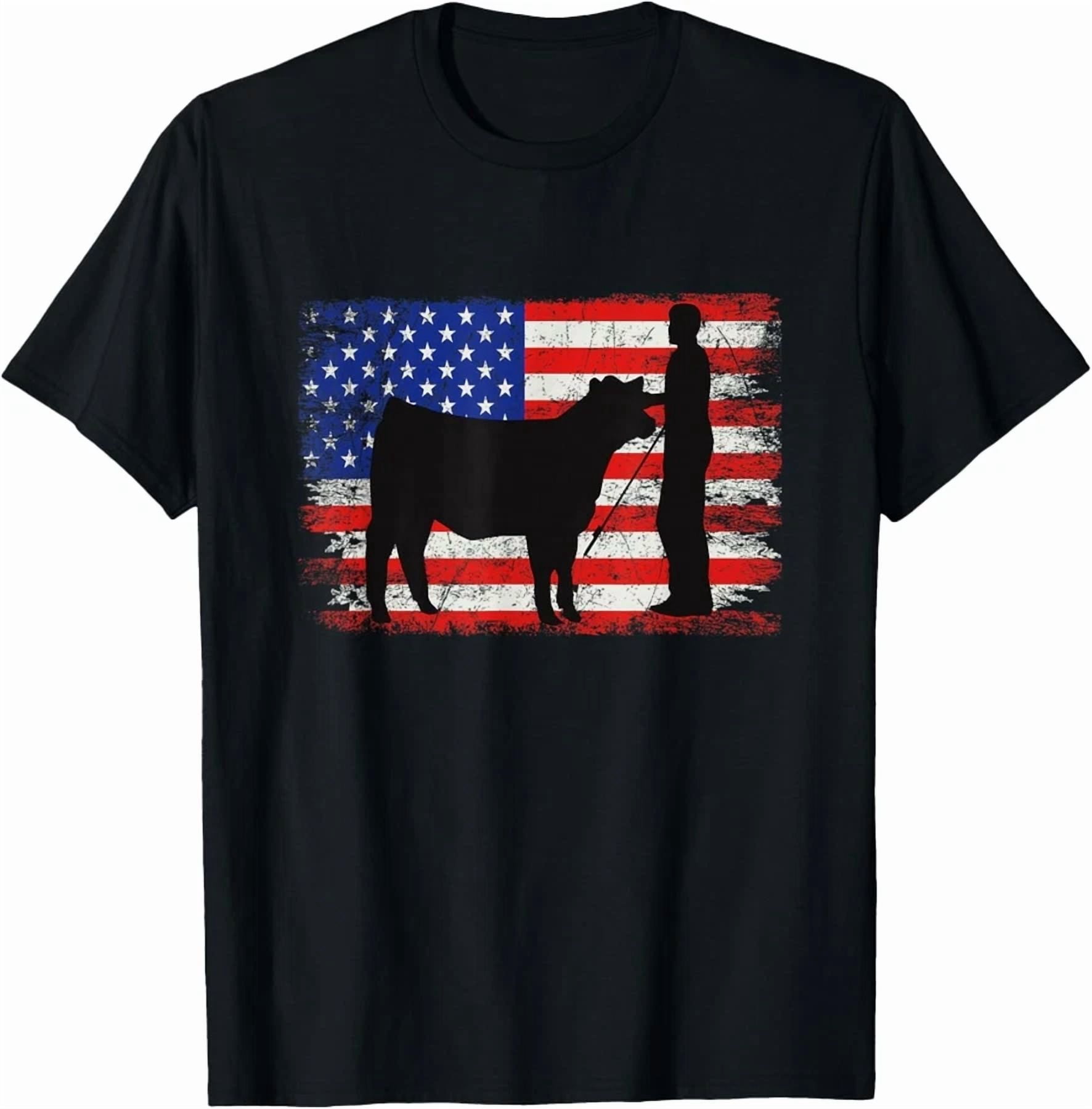 Cattle American Patriotic USA Flag Fun Cattle Show Agriculture Art Tee ...