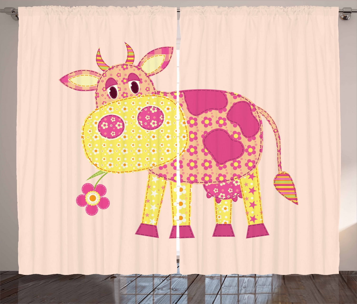 Ambesonne Cattle Curtains 2 Panel Set, Patchwork Cow, 108" x 96", Pink ...