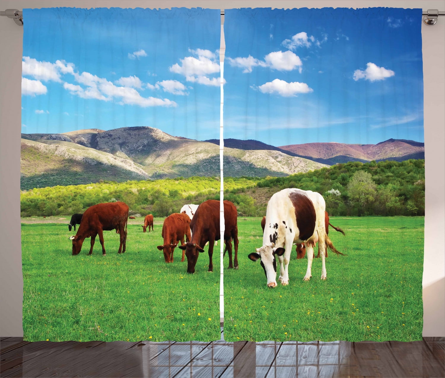 Ambesonne Cattle Curtains 2 Panel Set, Cow Nature Composition, 108" x ...