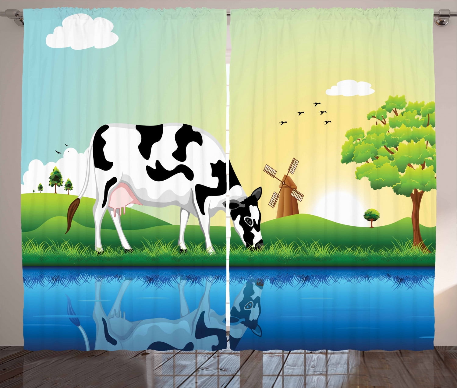 Ambesonne Cattle Curtains 2 Panel Set, Field Tree Lake Windmill, 108" x ...