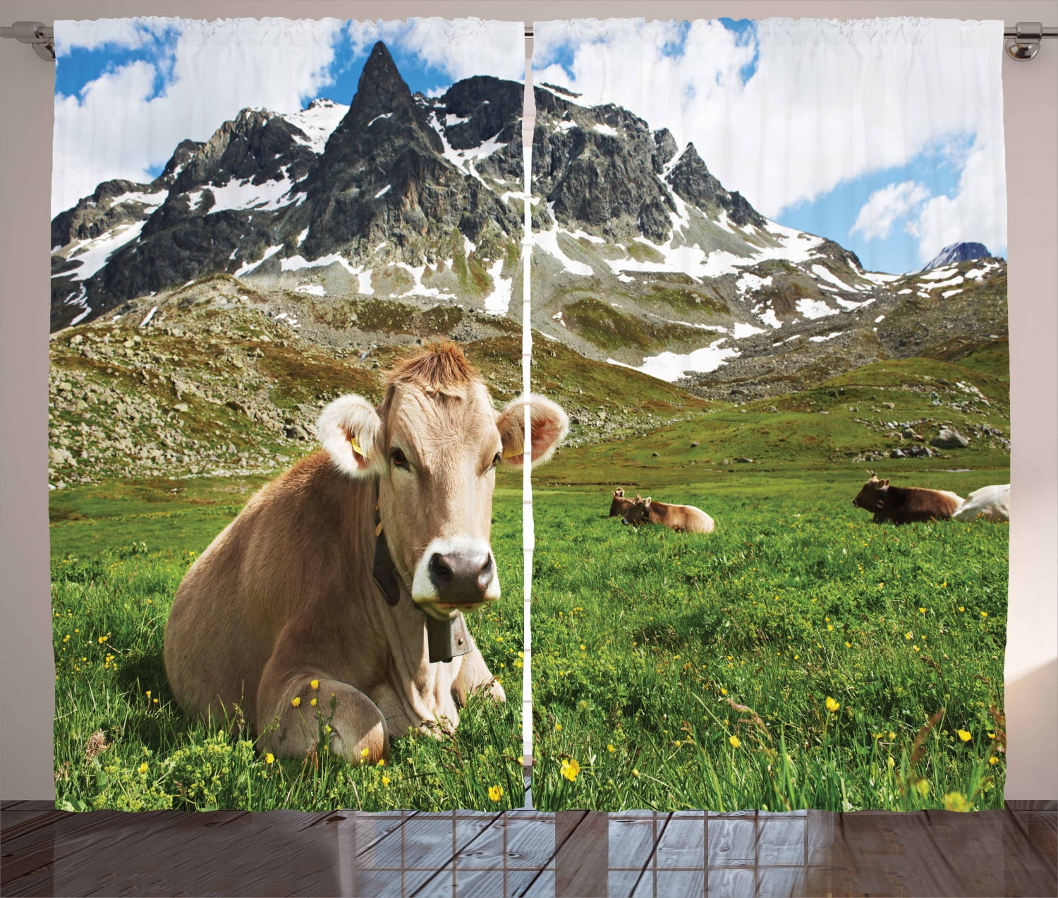 Ambesonne Cattle Curtains 2 Panel Set, Alpine Mountain Milk Cow, 108" x ...