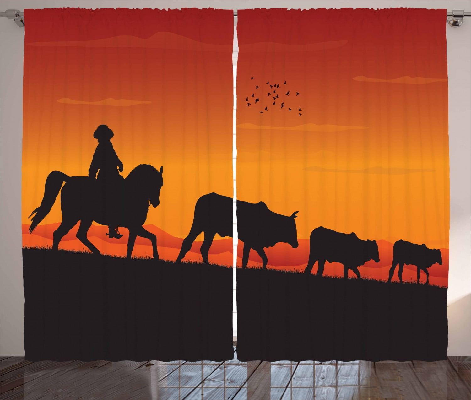 Ambesonne Cattle Curtains 2 Panel Set, Silhouette Farm Cow Herd, 108" x ...