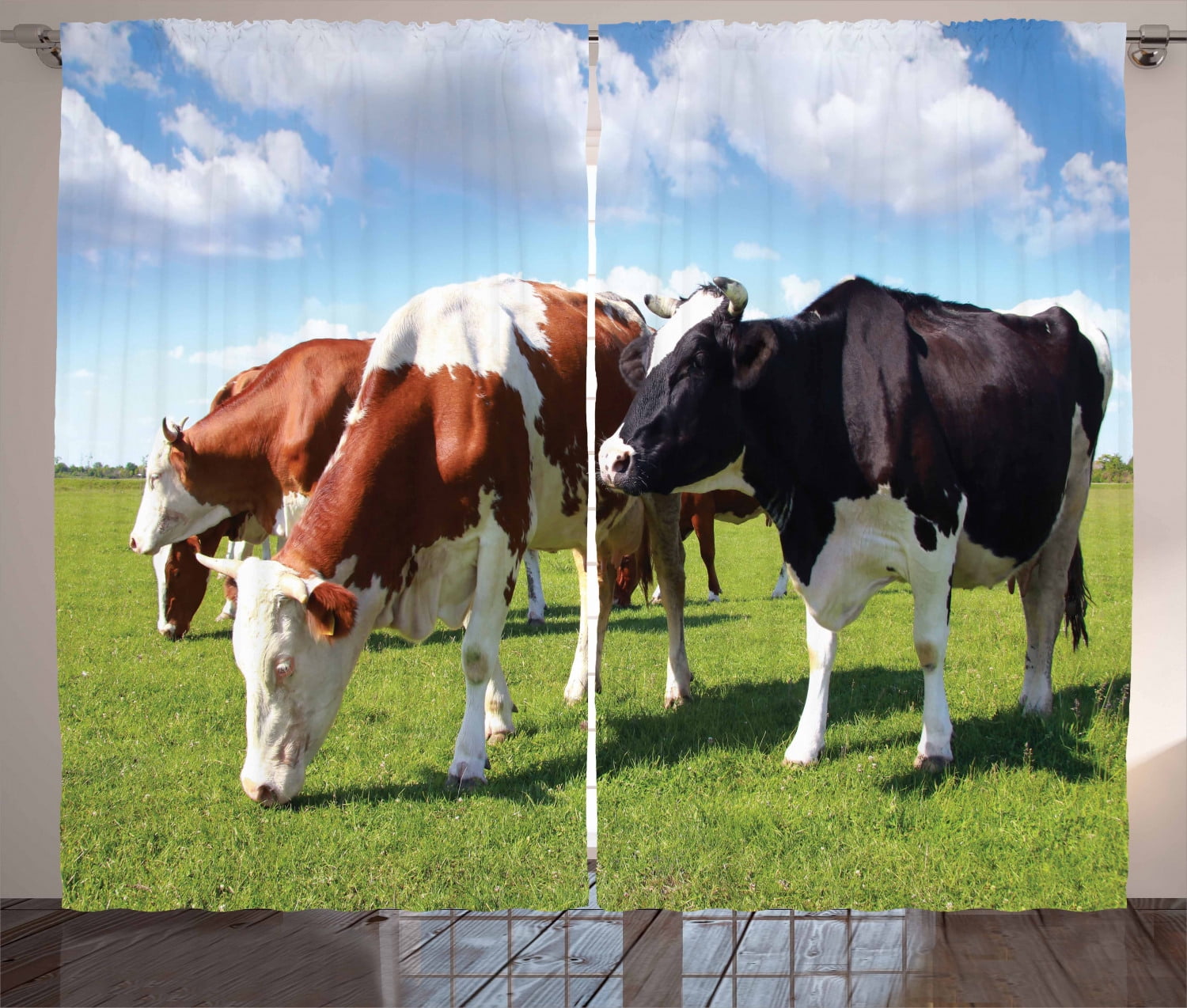 Ambesonne Cattle Curtains 2 Panel Set, Cows Grazing on Pasture, 108" x ...