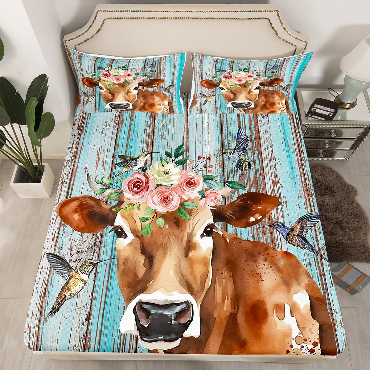 Cattle Flower Bedding Set Queen Size Western Funny Animal Bull Bed Sheets Wildlife Rustic ...