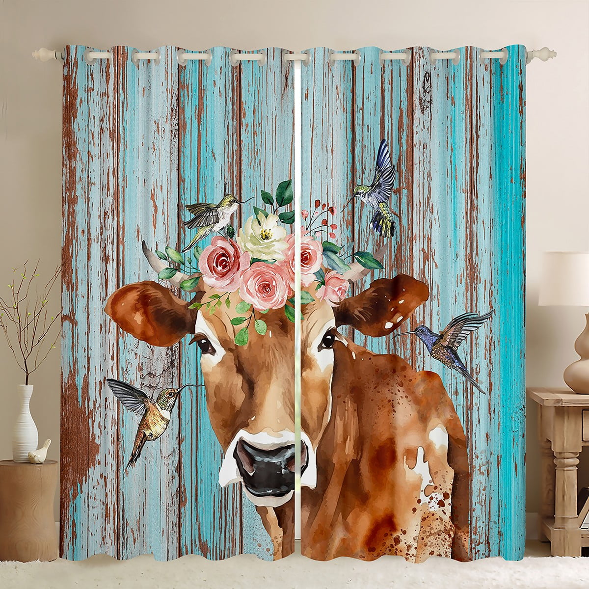 Cattle Flower Curtains Western Funny Animal Bull Blackout Curtains for ...