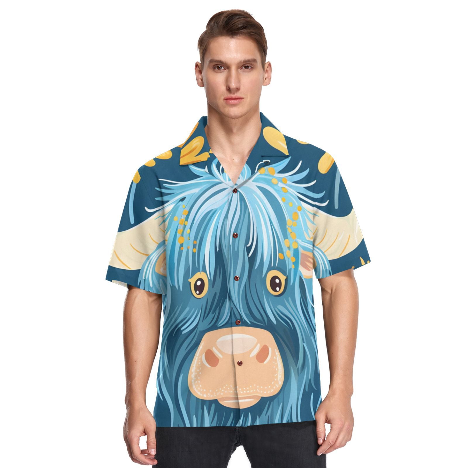 Cattle Head Cow Flowers Men's Hawaiian Wrinkle Free Button Down Short ...