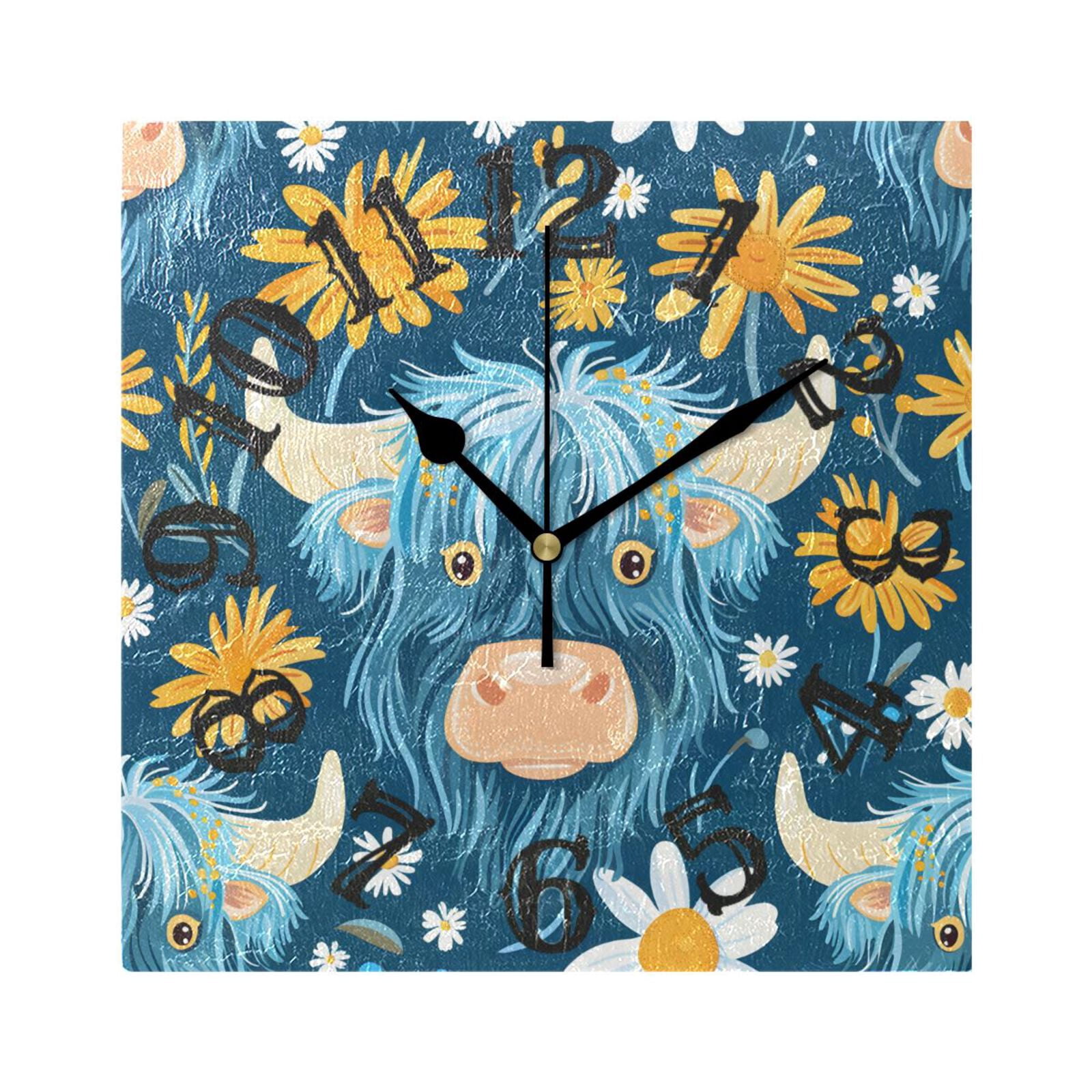 Cattle Head Cow Flowers Wall Clock Square Silent Non Ticking Battery ...