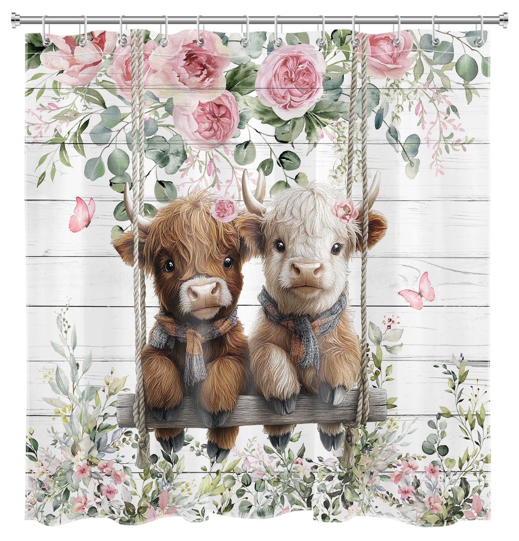Cattle Shower Curtain Cute Calves Swing Pink Flowers Green Eucalyptus ...