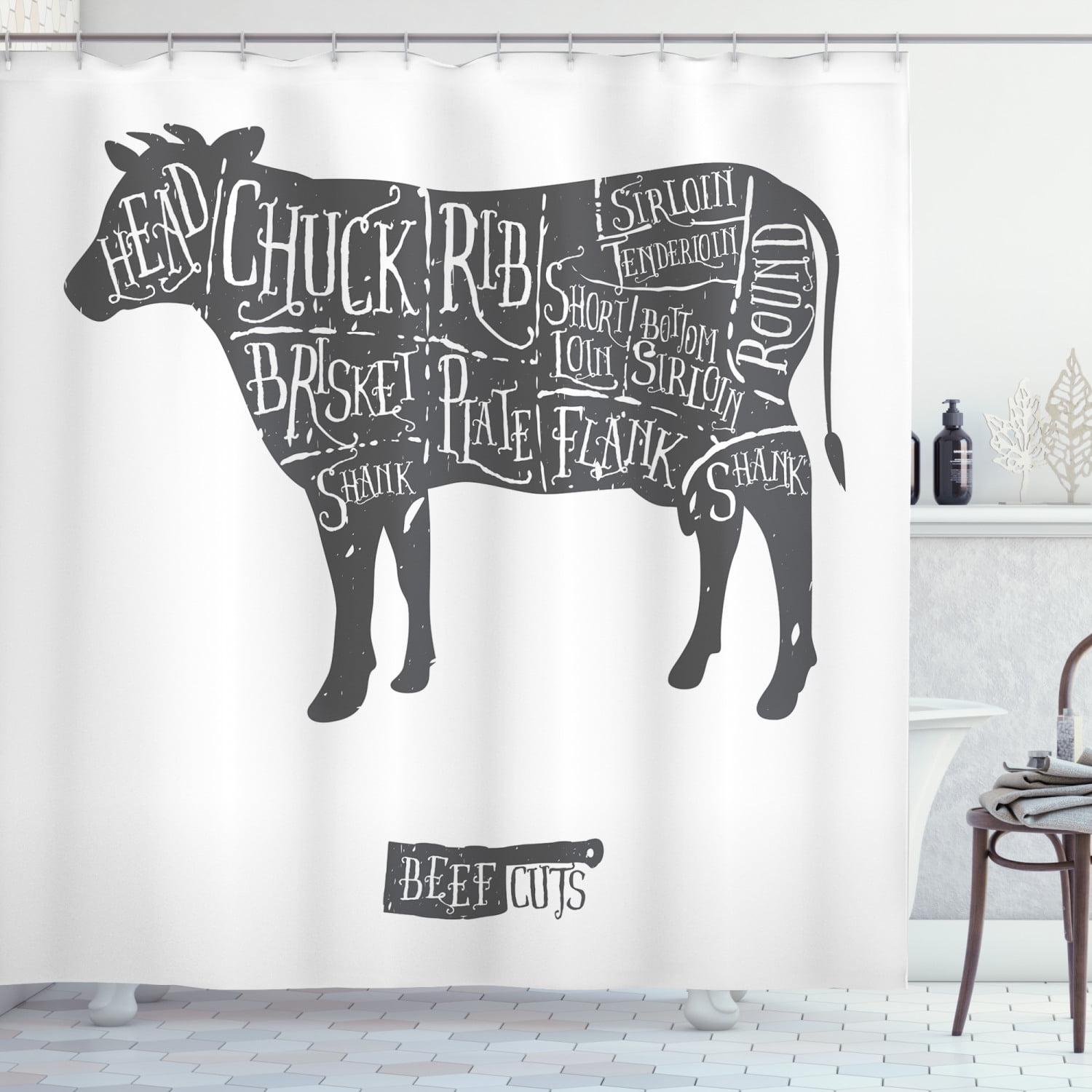 Cattle Shower Curtain, Vintage Hand-Drawn Butcher Cuts of Beef Scheme ...