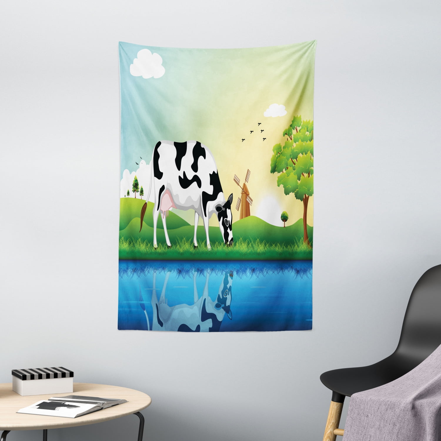 Cattle Tapestry, Graphic Design Grazing Cow in the Field with Trees ...