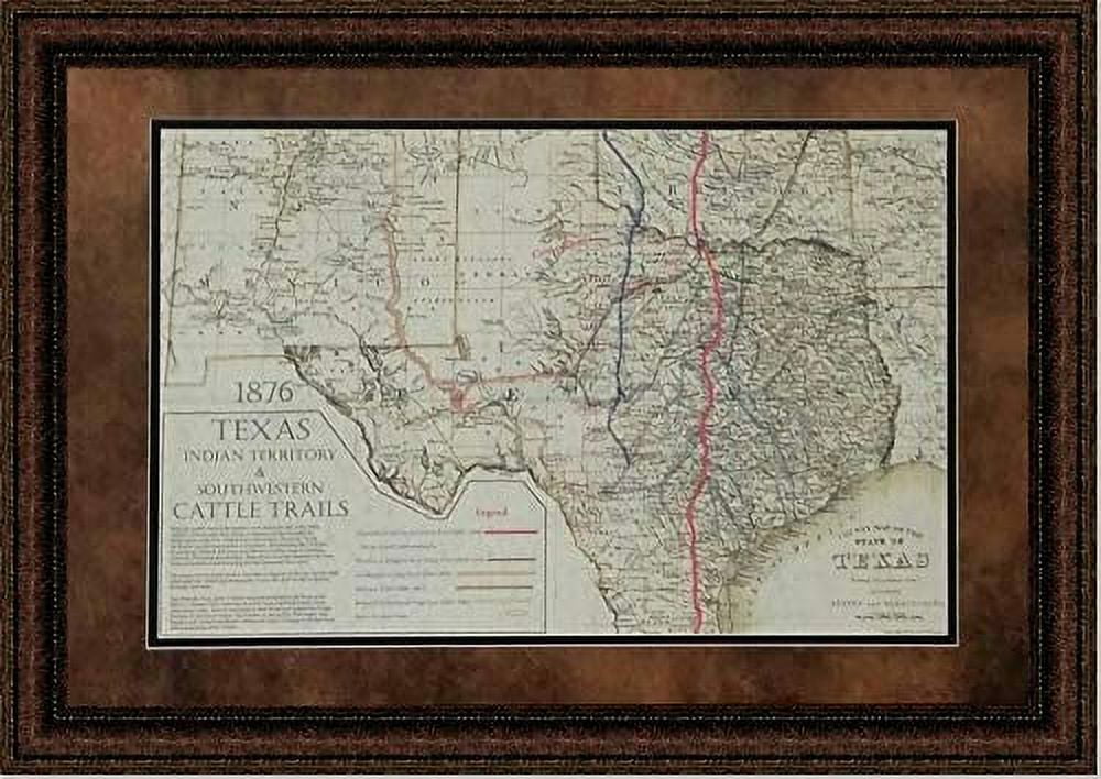 Cattle Trail Map | Framed Historic Texas Map in Double Mat | 29L X 41W ...
