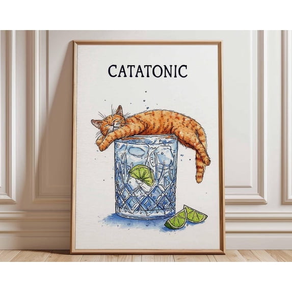 Cattonic Cat Cocktail Bar Cart Cat Lover Kitchen Wall Art Print ...