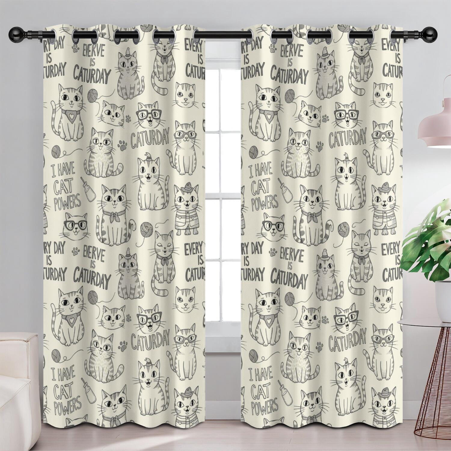Caturday Cat Beige Pattern Blackout Curtains,Triple Weaved Fabric ...
