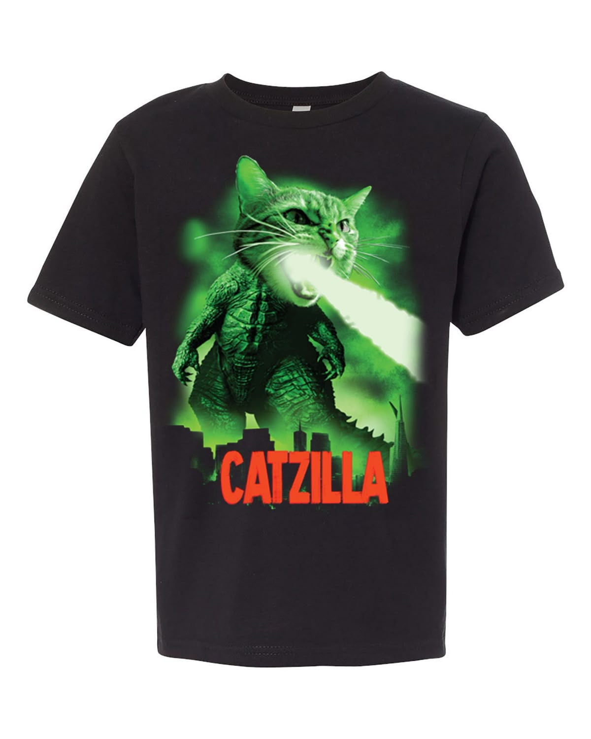 Catzilla Cat Monster Tee Showcasing Fiery Cityscape and Powerful Light ...