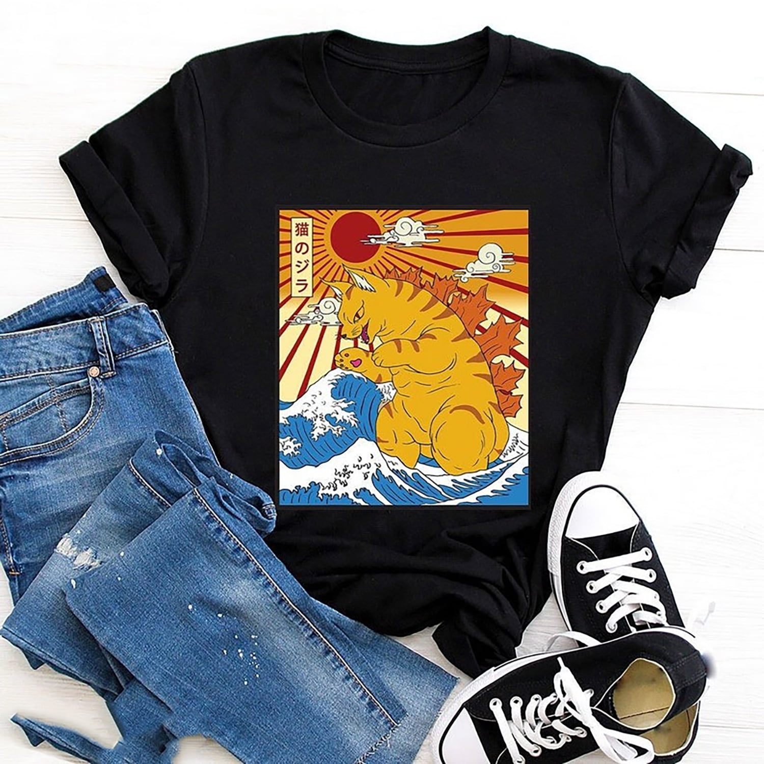 Catzilla Shirt, Synthwave Cat Shirt, Vaporwave Cat Shirt, Great Wave of ...