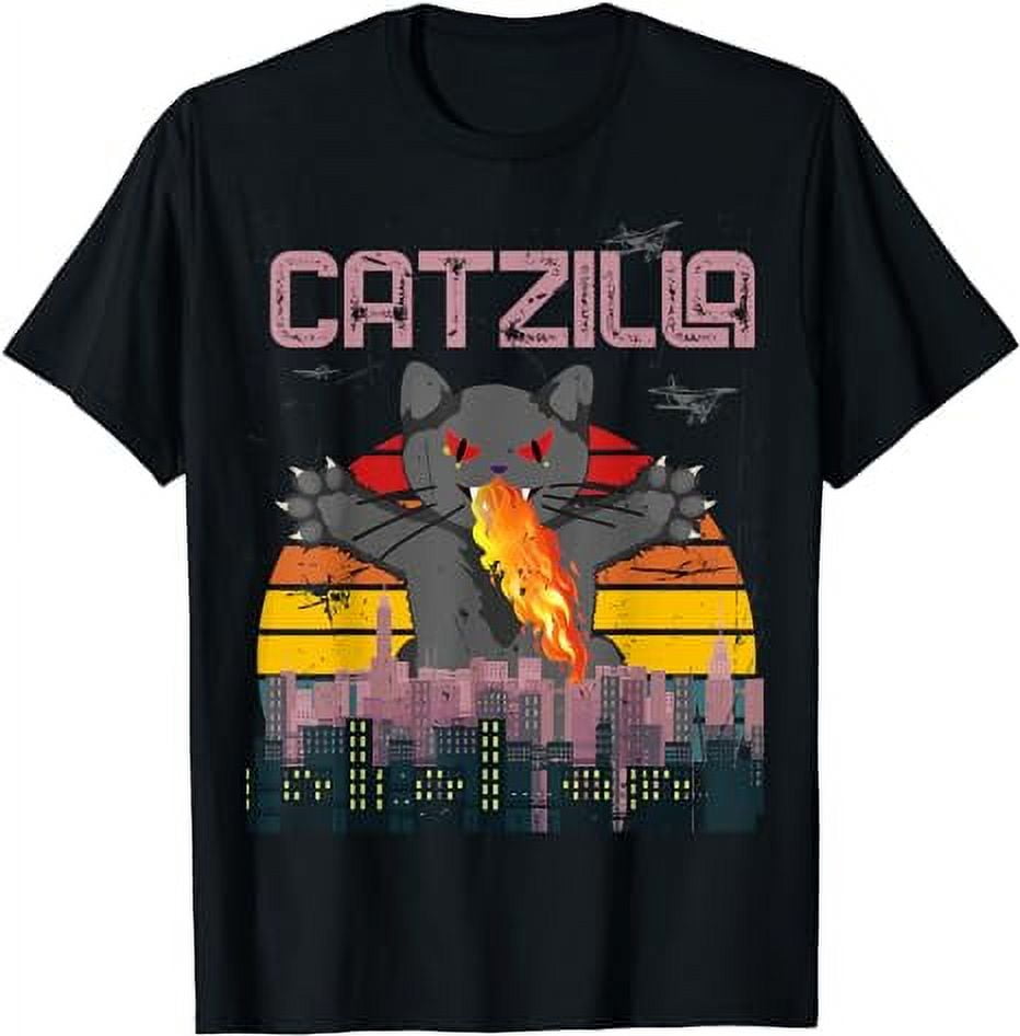 Catzilla Vintage Japanese Sunset Black Cat Kitten Funny Cute T-Shirt ...