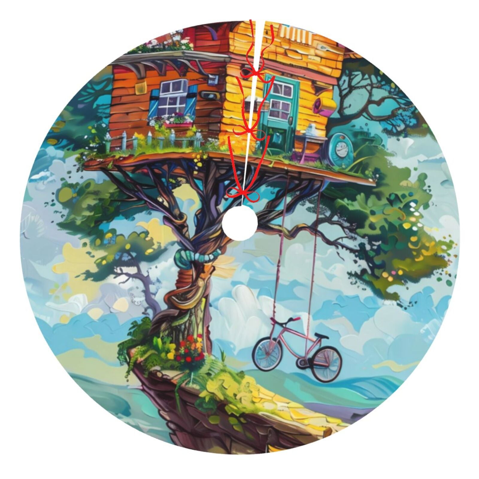 Cauagu 30" Christmas Tree Skirt Whimsical Treehouse Painting Pattern ...
