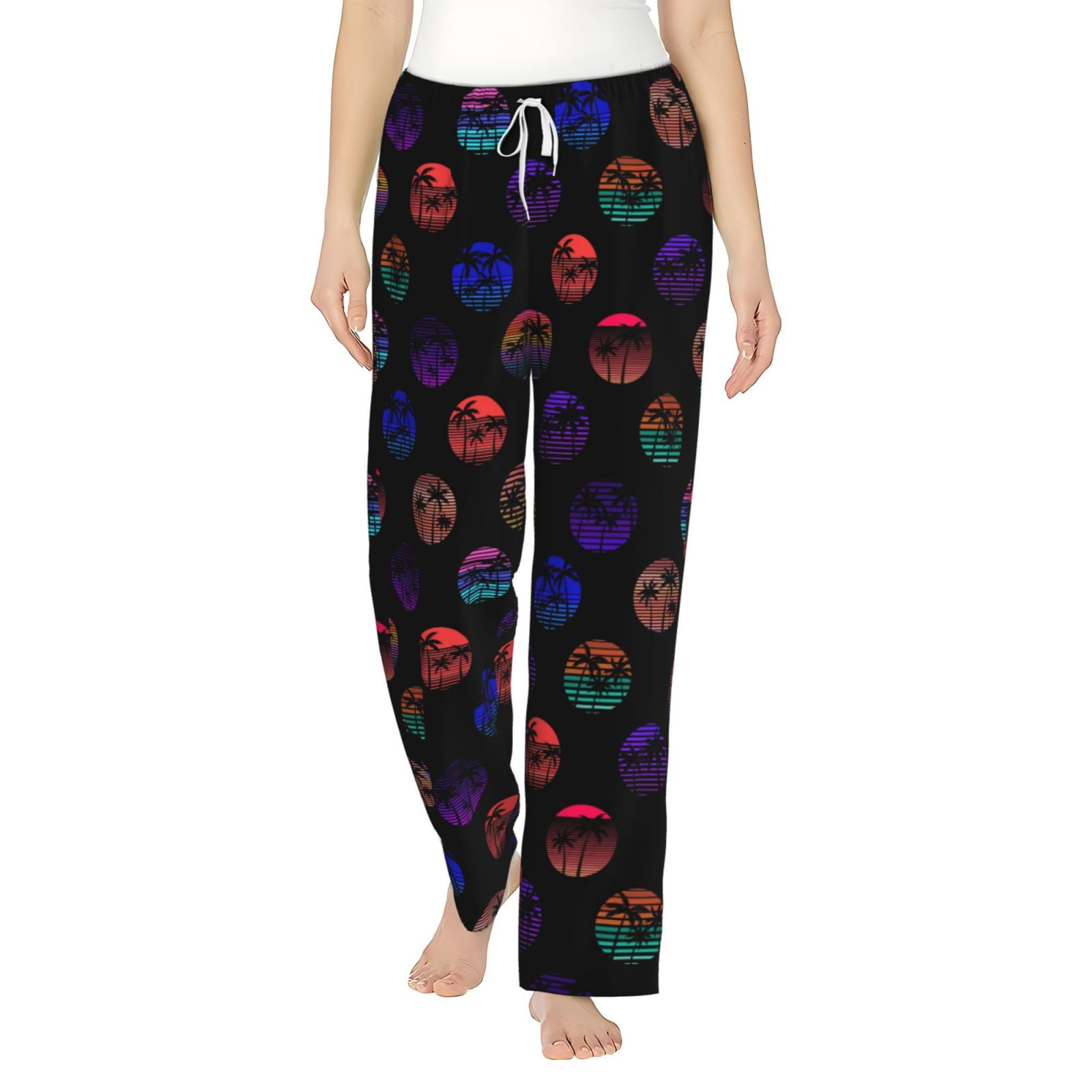 Cauagu 80s Style Palm Trees Pajama Pants for Women Loose Fit Wide Leg ...