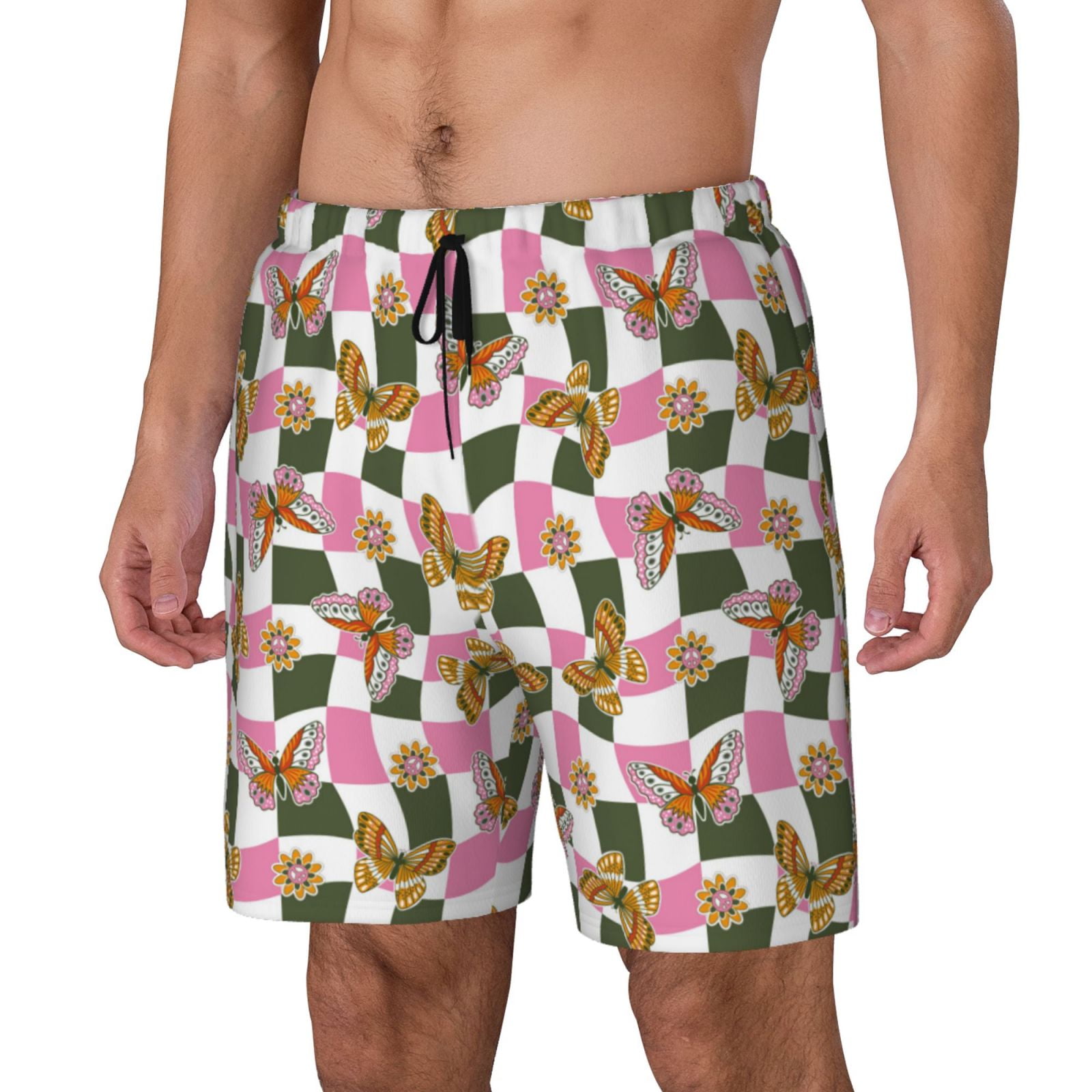 Cauagu Abstract Pink Plaid Butterfly Print Mens Swim Trunks Quick Dry ...
