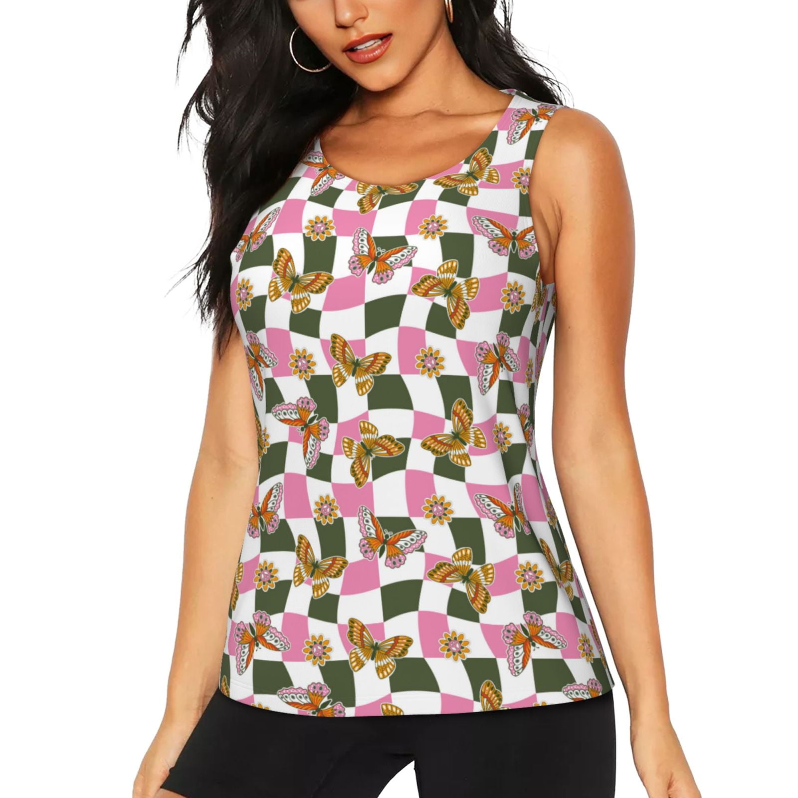 Cauagu Abstract Pink Plaid Butterfly for Women's Workout Tank Tops ...