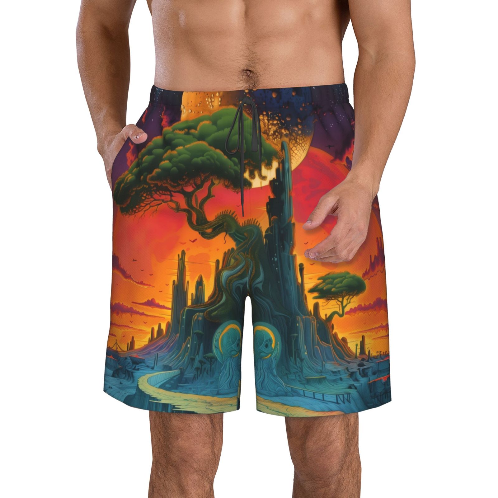 Cauagu Abstract Tree Castle Print Men's Swim Trunks,Hawaiian Bathing ...