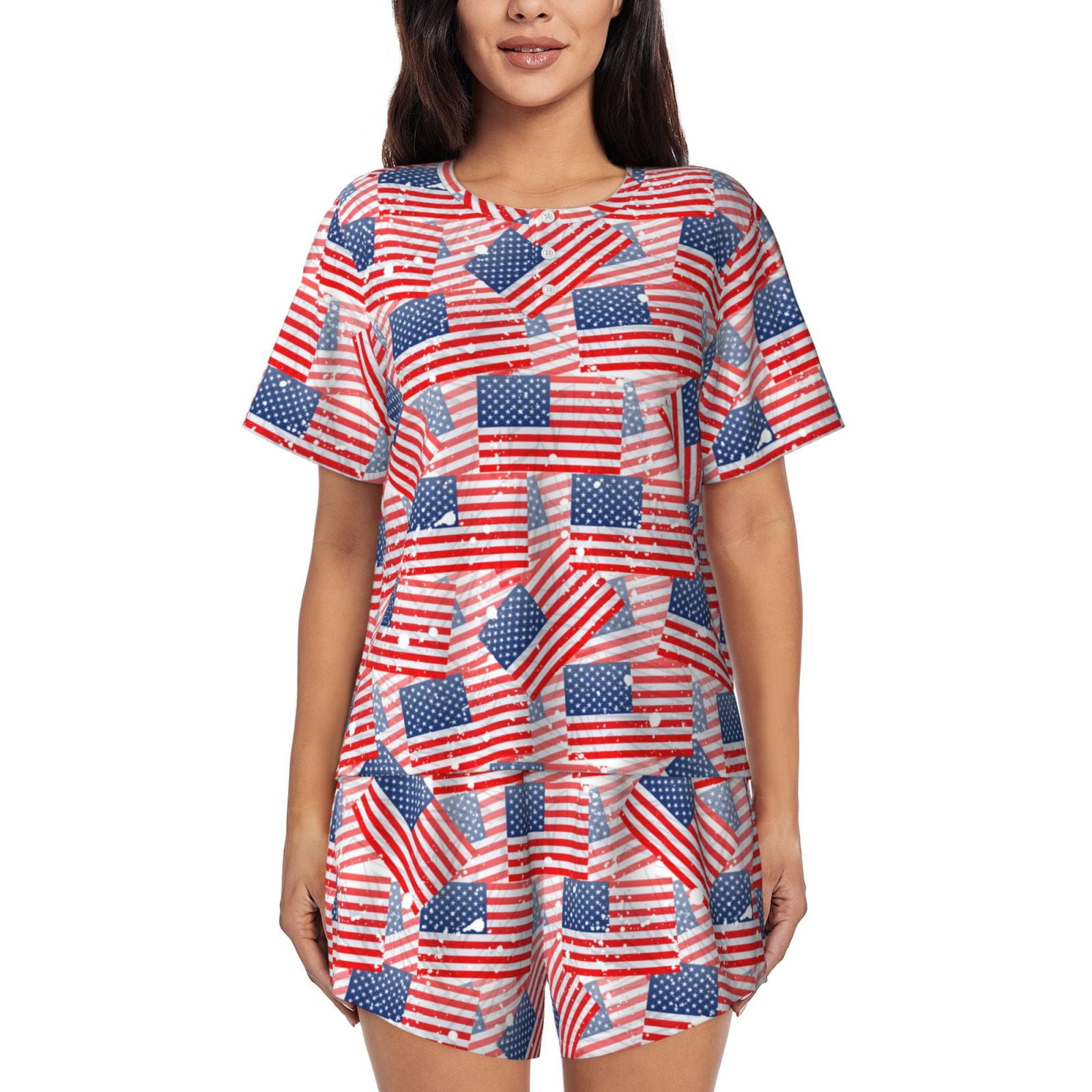 Cauagu America Flags for Women's Round Neck Pajama Set,Short-Sleeved ...