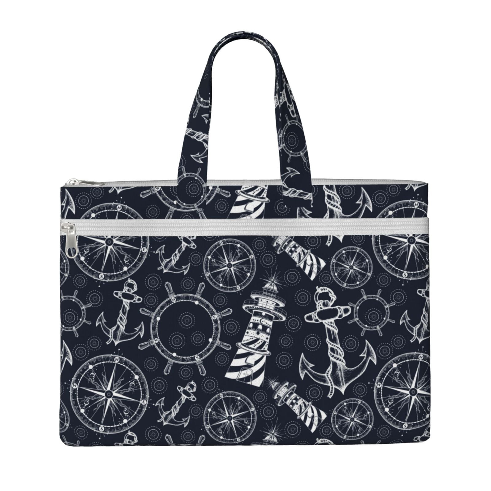 Cauagu Anchors and Lighthouse Pattern Canvas Tote File Bag, Zipper Tote ...