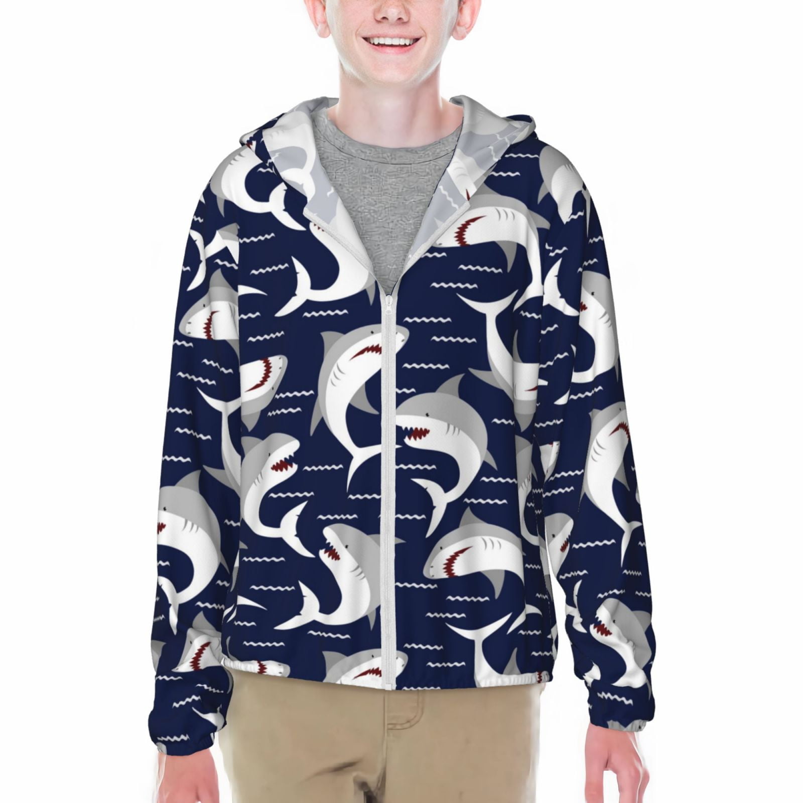 Cauagu Angry Shark Print Sun Protection Jacket for Teen,Full-Zipper ...
