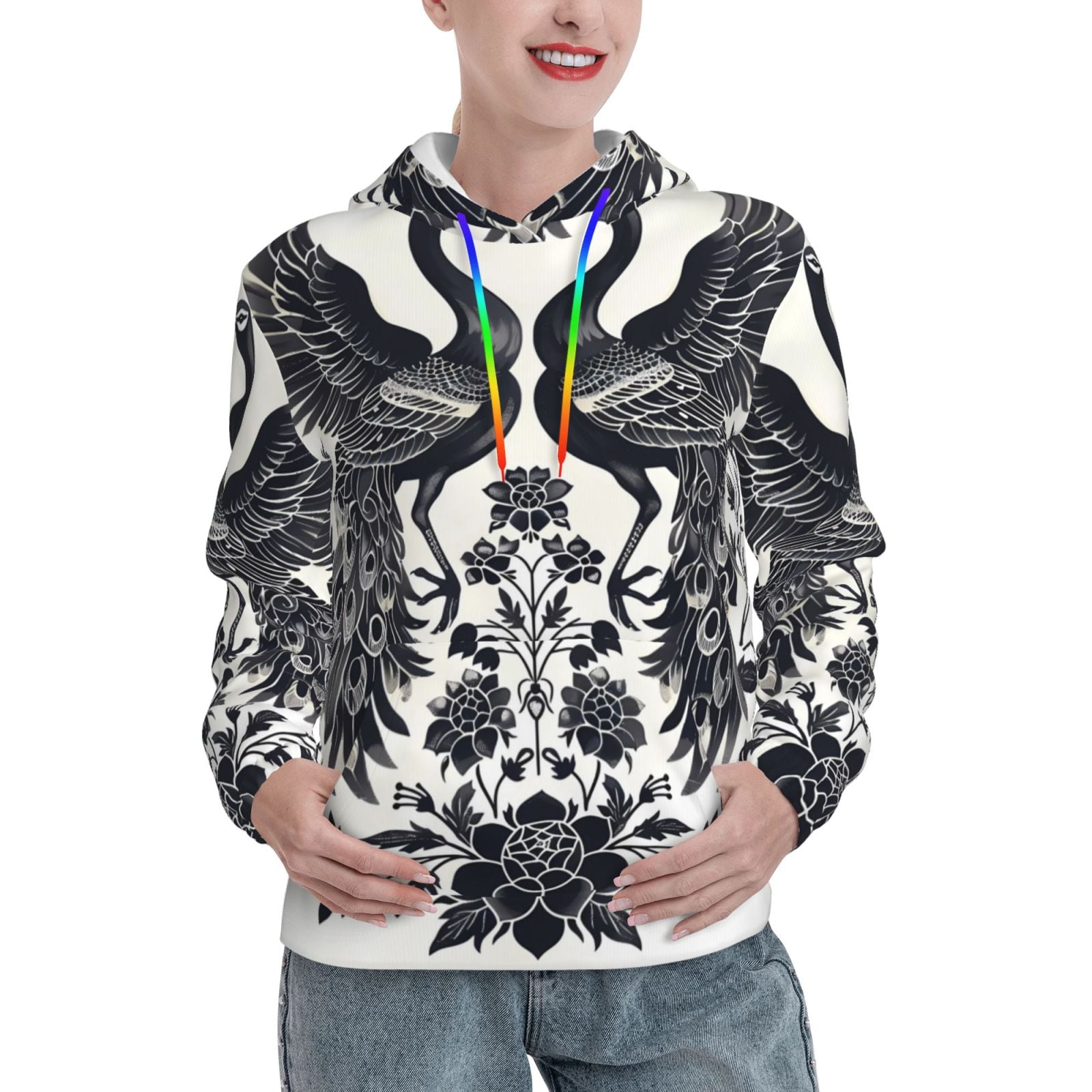 Cauagu Artistic Black White Peacocks for Women's Hooded Sweatshirts Pullover Hoodie for Women ...