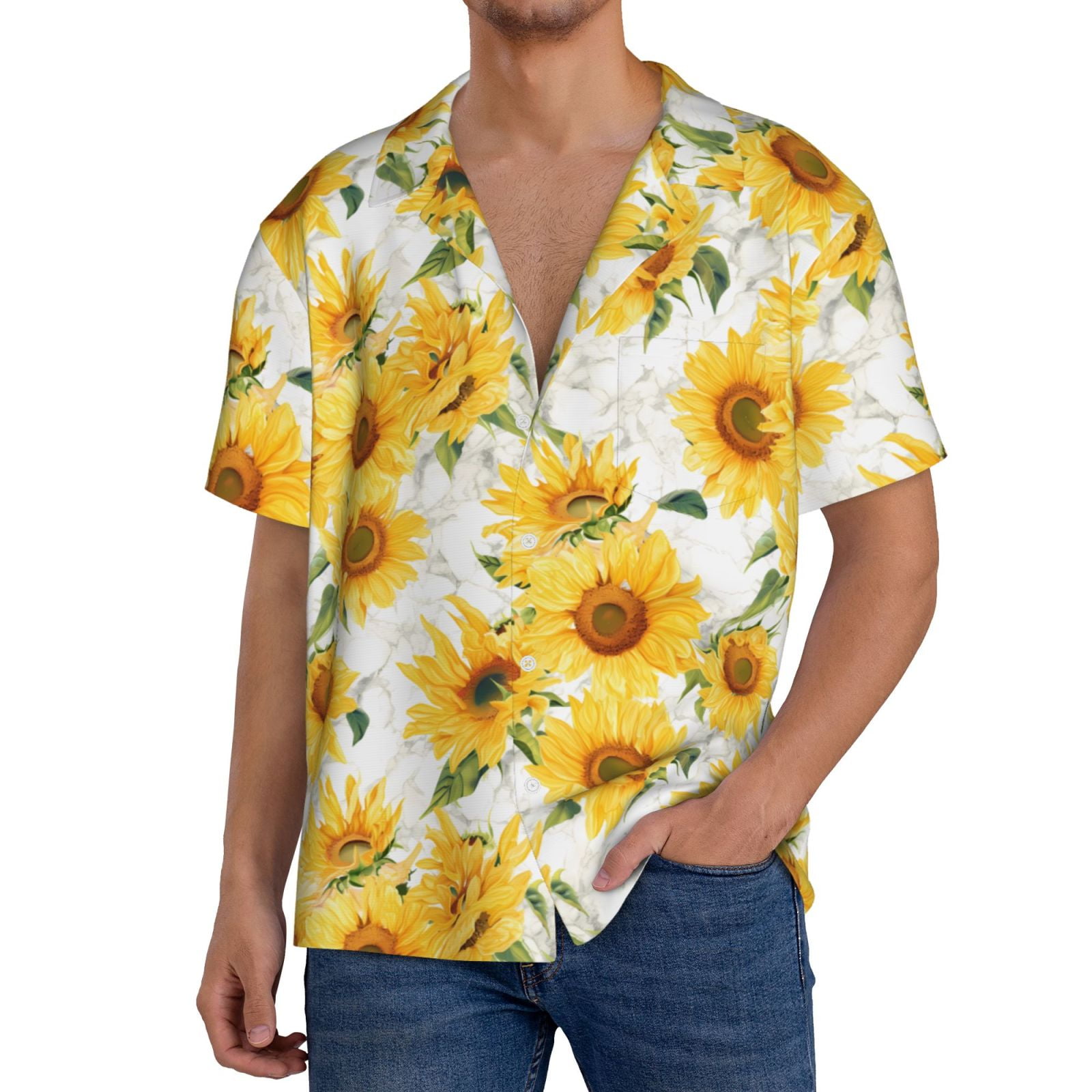 Cauagu Artistic Marble Pattern Sunflower Men's Short Sleeve Button Down ...
