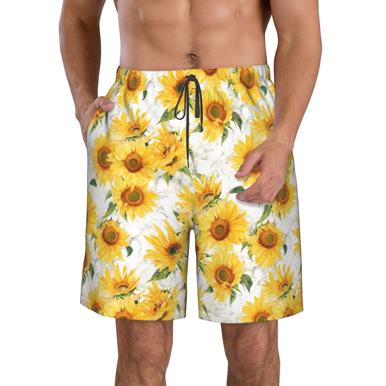 Cauagu Artistic Marble Pattern Sunflower Print Men's Swim Trunks ...