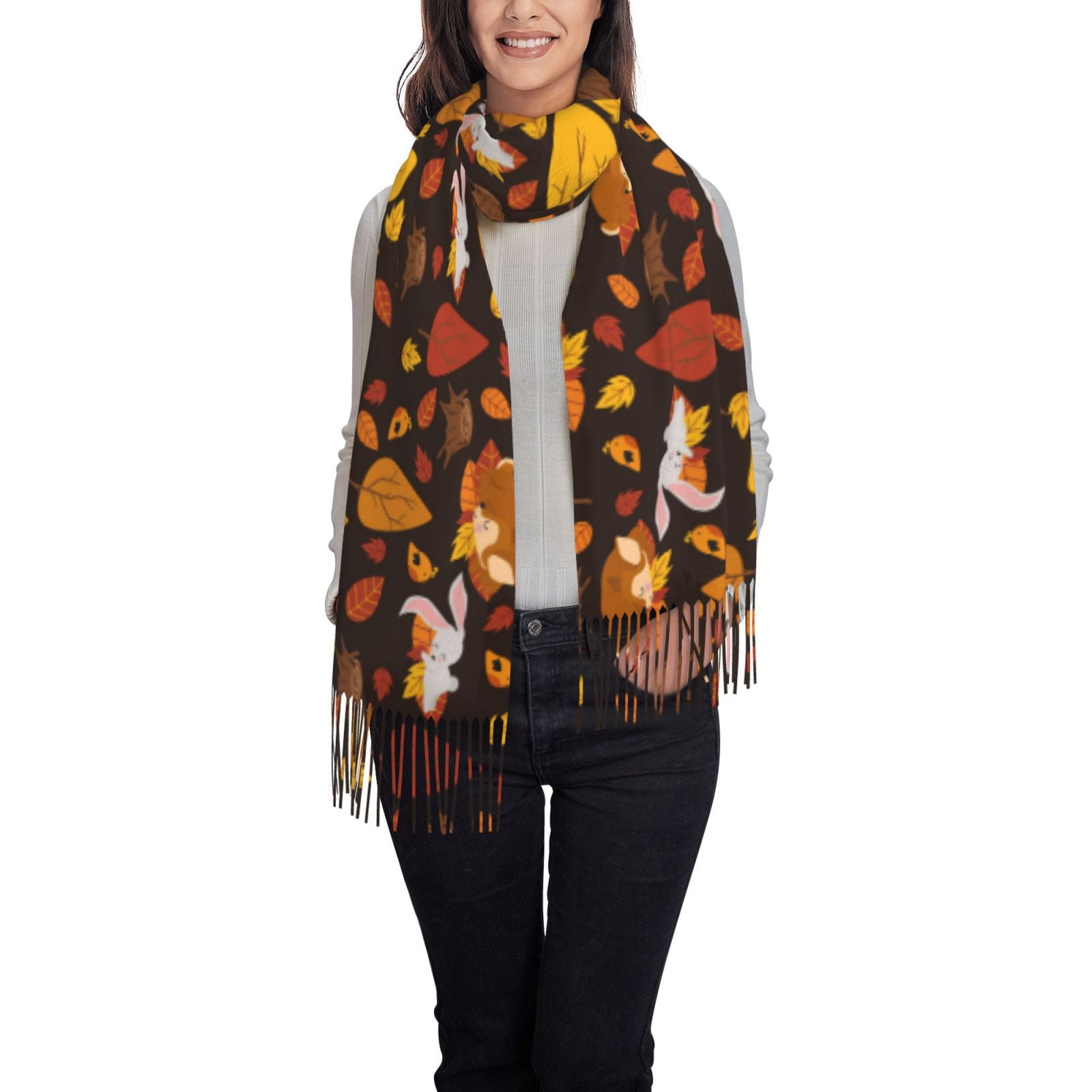 Cauagu Autumn Forest Small Animals Lazy Print Women Wrap Shawl tassels ...