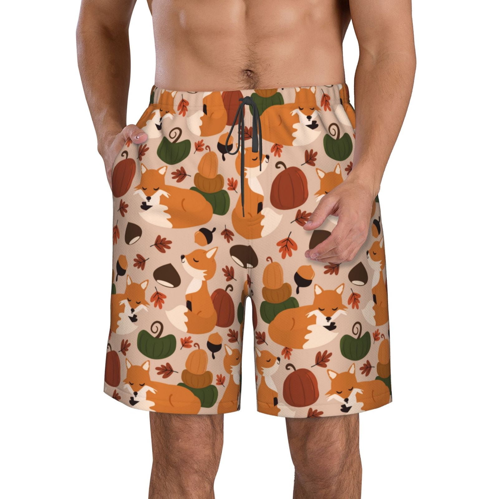 Cauagu Autumn Fox Pumpkin Lazy Print Men's Swim Trunks,Hawaiian Bathing ...
