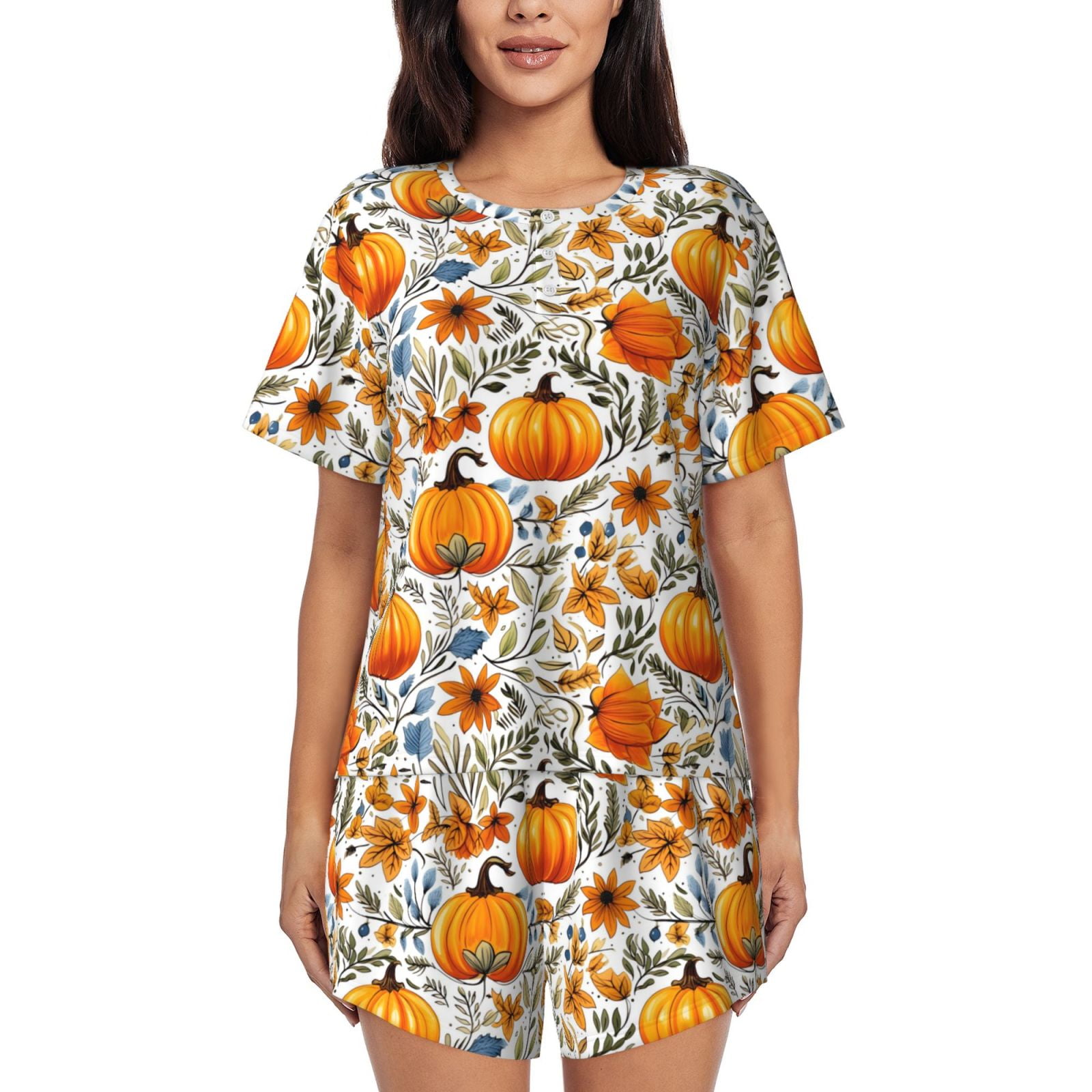 Cauagu Autumn Pumpkin Blossoms for Women's Round Neck Pajama Set,Short-Sleeved Pajamas Soft ...