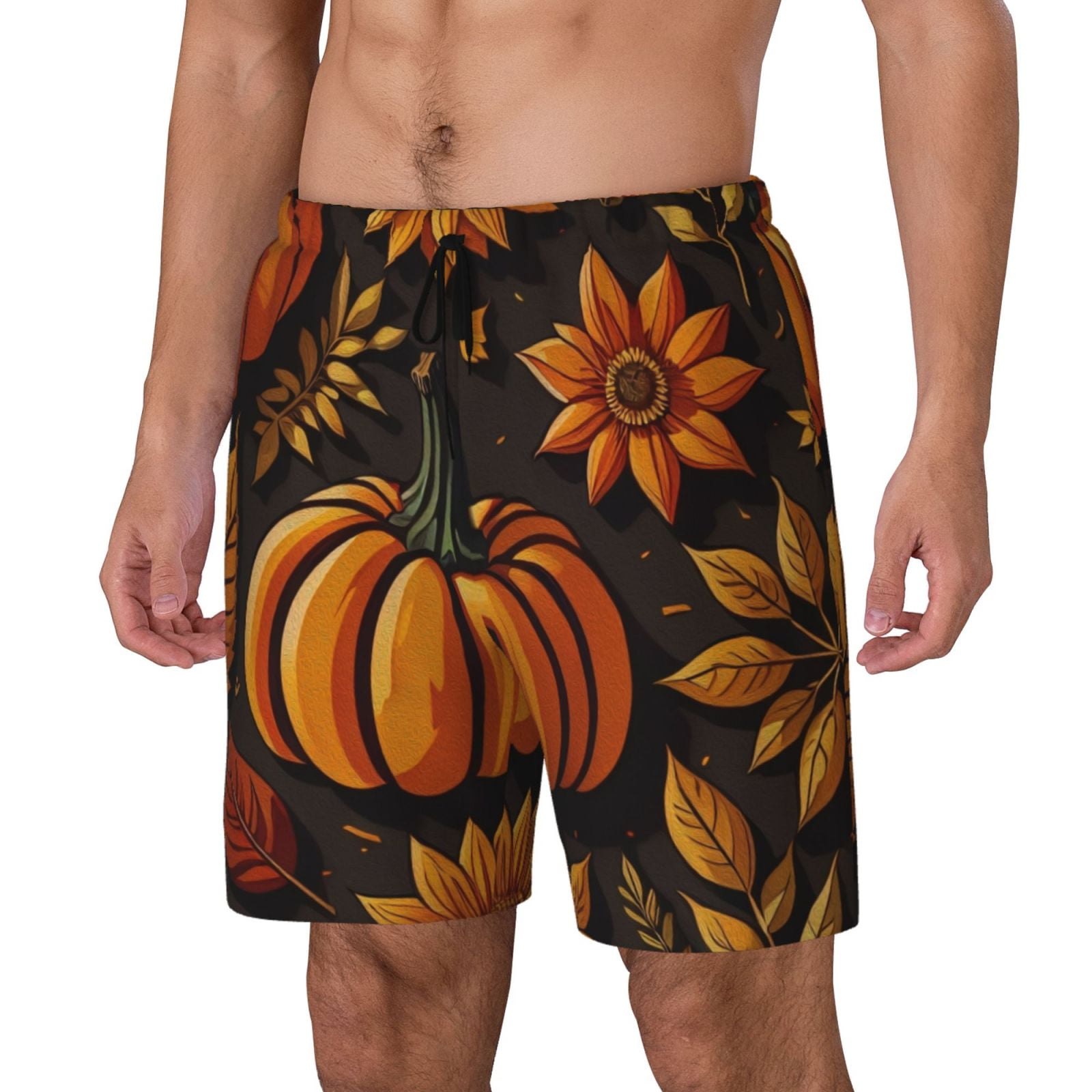 Cauagu Autumn Pumpkin Leaves Print Mens Swim Trunks Quick Dry Board ...