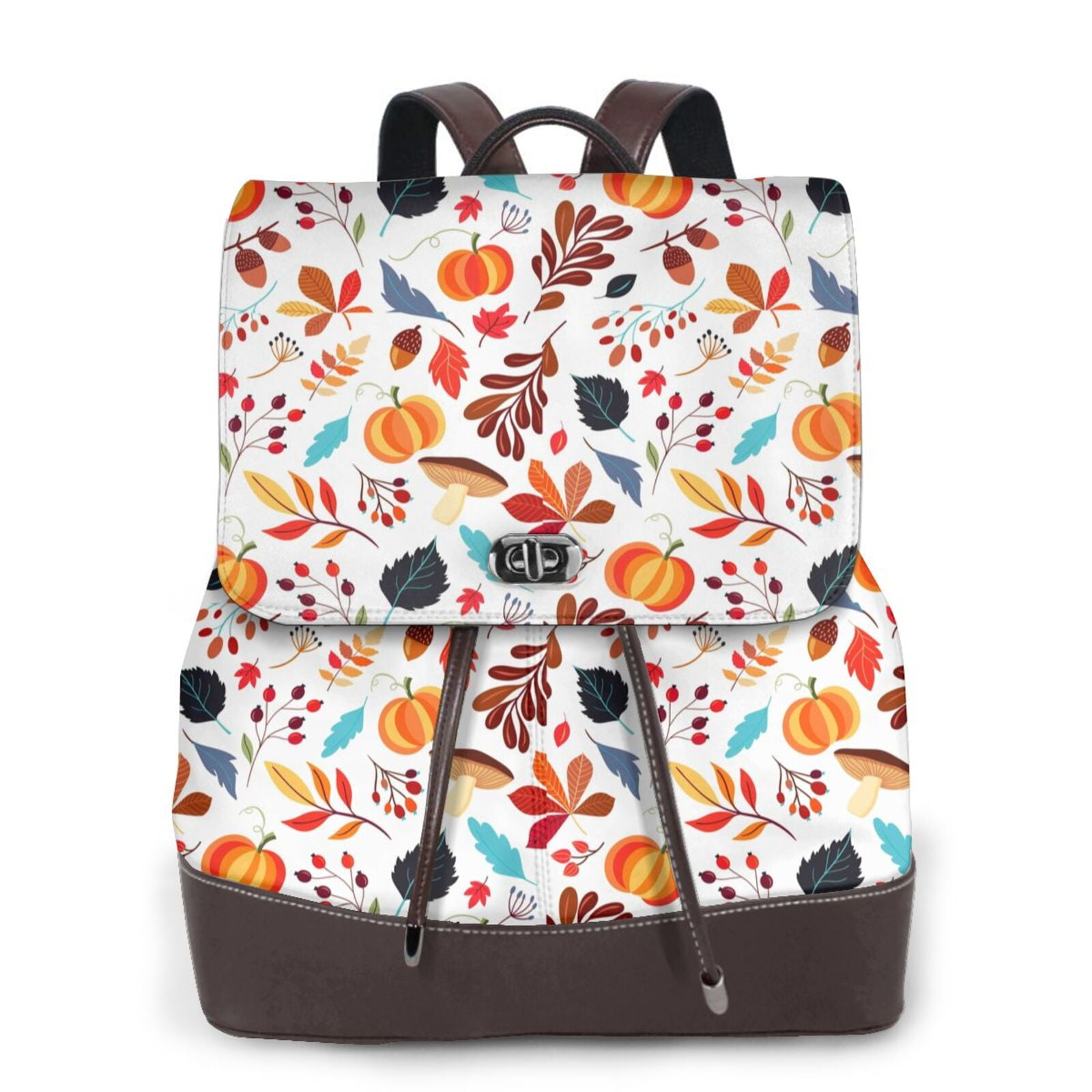 Cauagu Autumn Pumpkins Fall Leaves Print Women's PU Leather Backpack ...