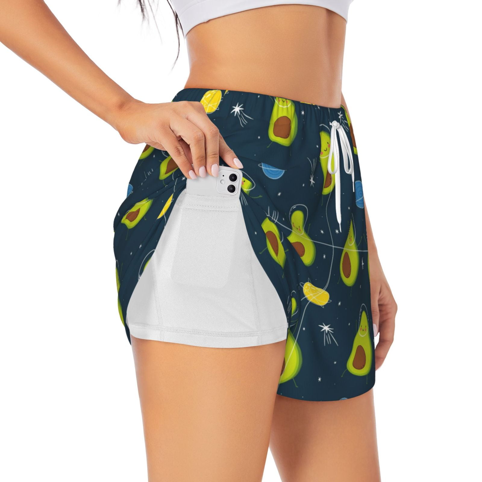 Cauagu Avocado in Space Print Women's 2 in 1 Running Shorts Athletic ...