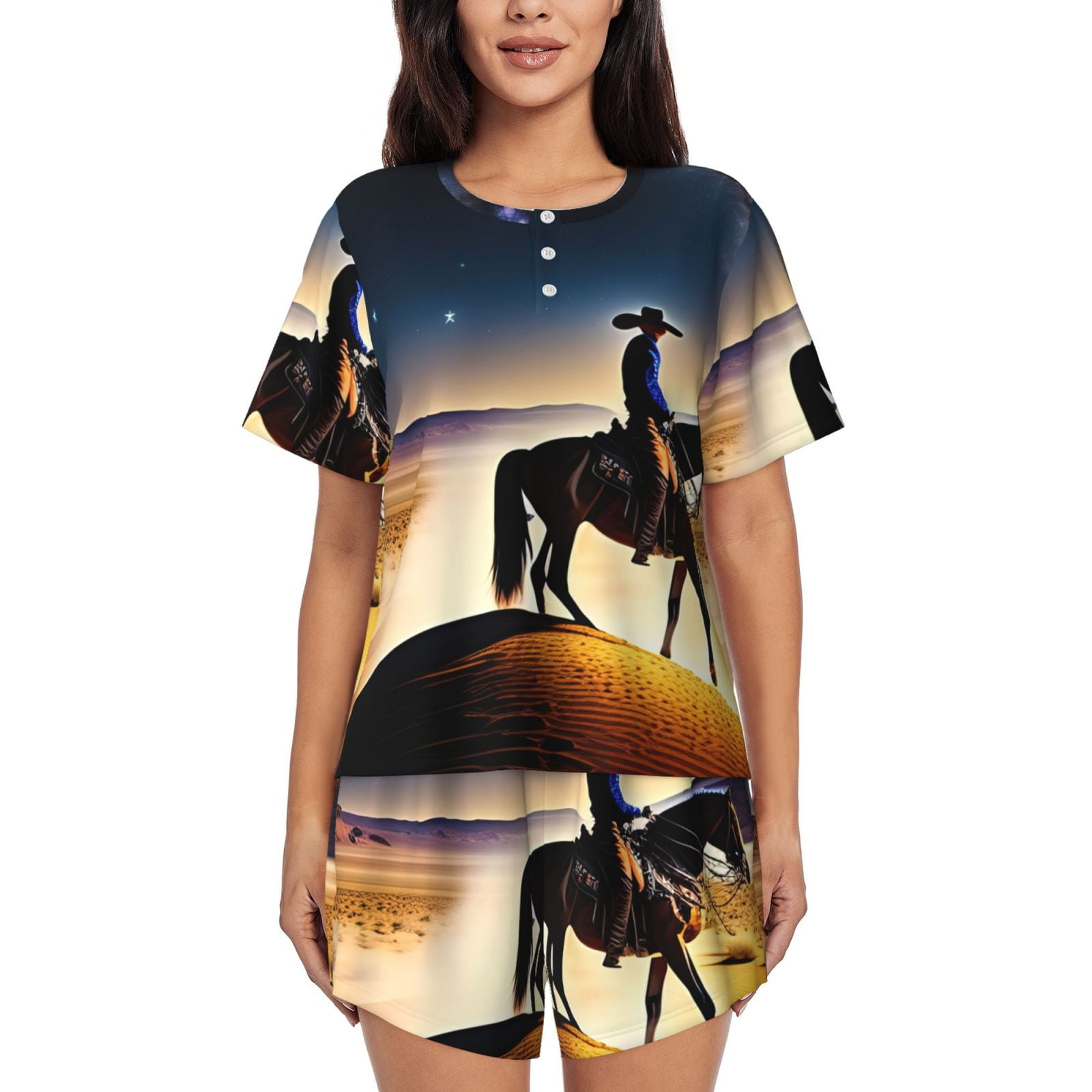 Cauagu Azure Sky Western Desert Cowboy for Women's Round Neck Pajama ...